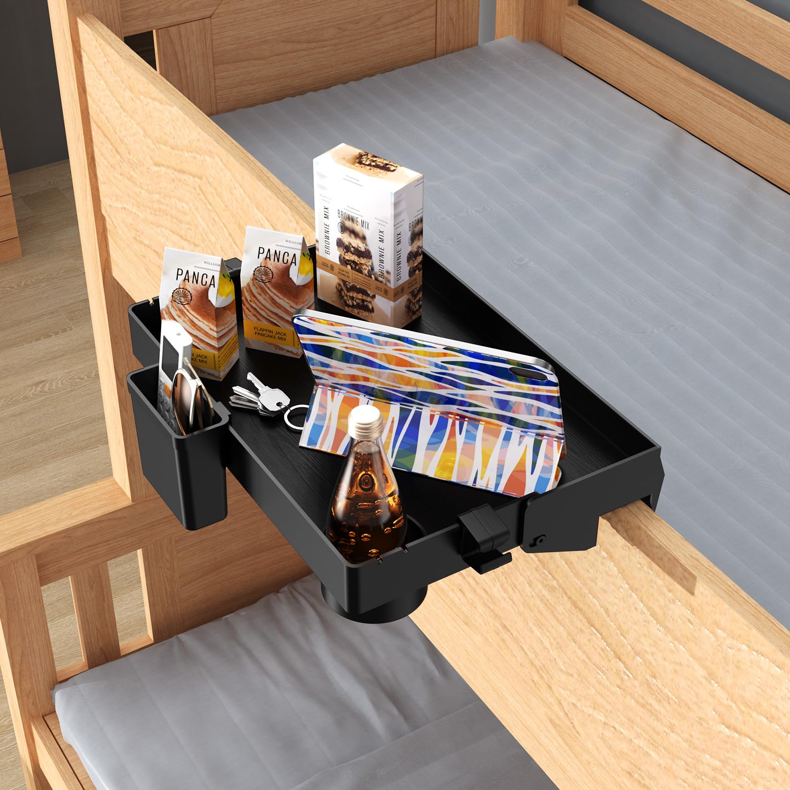 SOLEJAZZ Bedside Shelf for Bed, Folding Bunk Bed Shelf for Top Bunk Clip On Nightstand College Dorm Room Essential Table Tray, Plus Size, Black