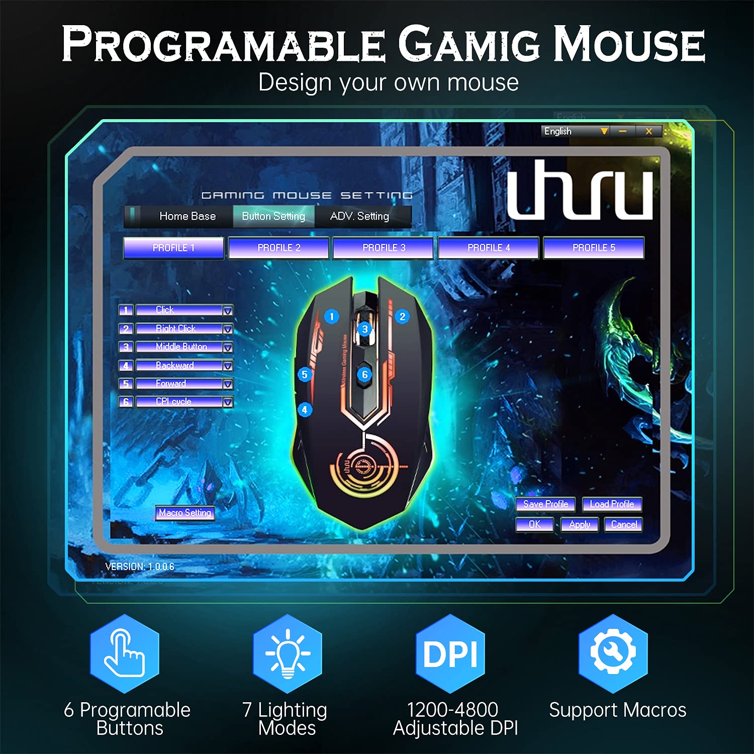 UHURU WM-02Z Wireless Gaming Mouse, 2.4G Wireless Rechargeable Mouse with 6 Programmable Buttons, 5 Adjustable Levels DPI Up to 4800DPI, 7 Colorful LED Lights, Compatible with Notebook, PC, Mac