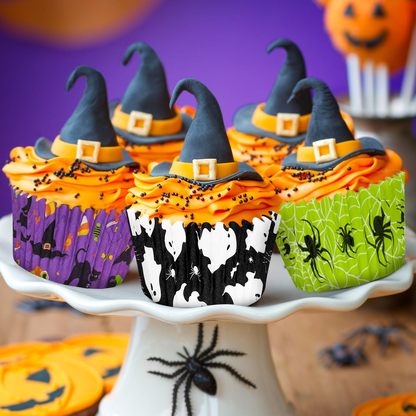 Whaline 600Pcs Halloween Cupcake Liners Pumpkin Witch Legs Bats Ghosts Spiders Skulls Cupcake Wrappers Baking Cups Holders Muffin Baking Liners for Halloween Party Supply