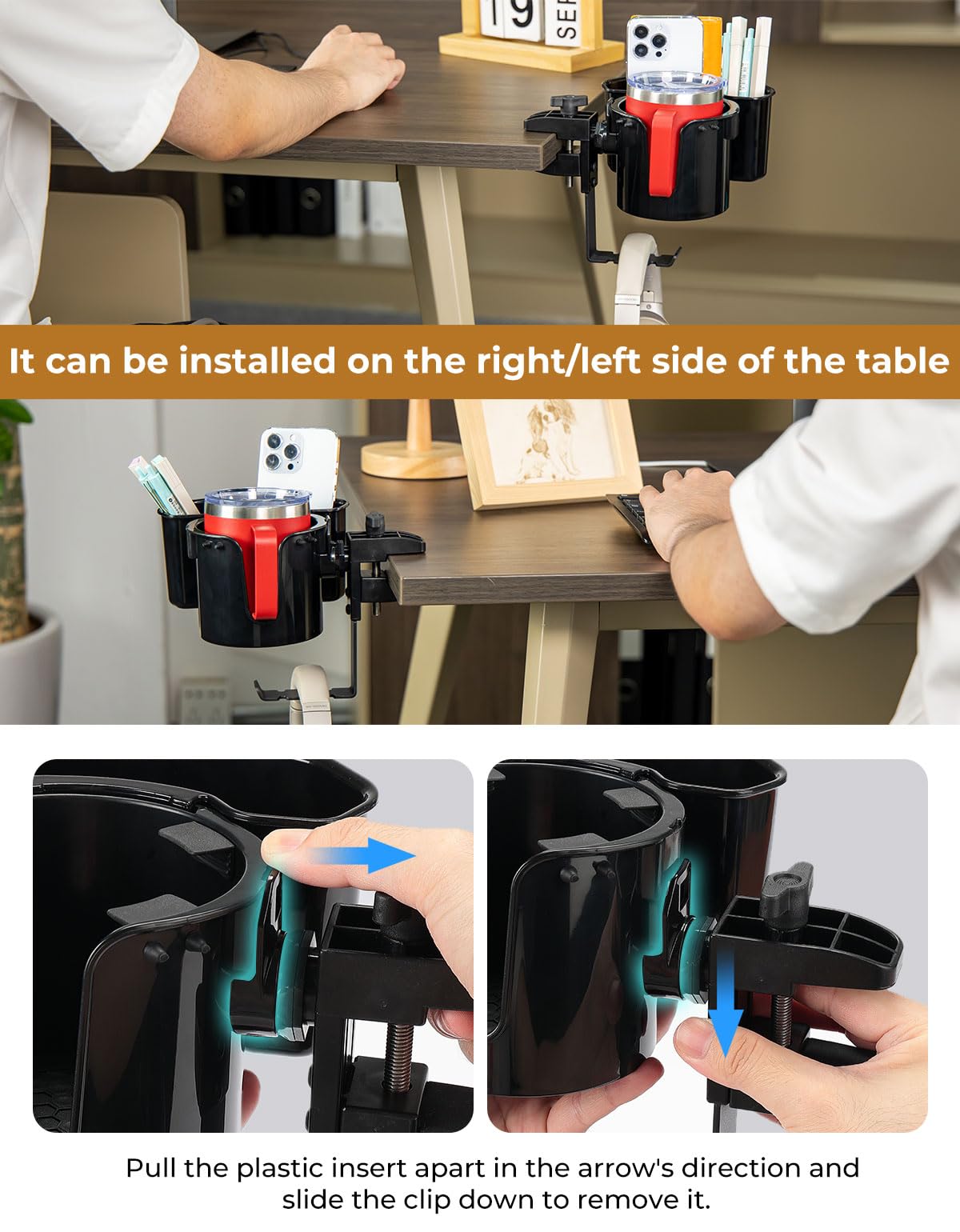 yamagahome Desk Cup Holder, 2 in 1 Large Table Cup Holder with Headphone Hanger, Anti-Spill Cup Holder for Water Bottles 18-40 oz, for Wheelchairs, Workstations, Gaming Desk Accessories black