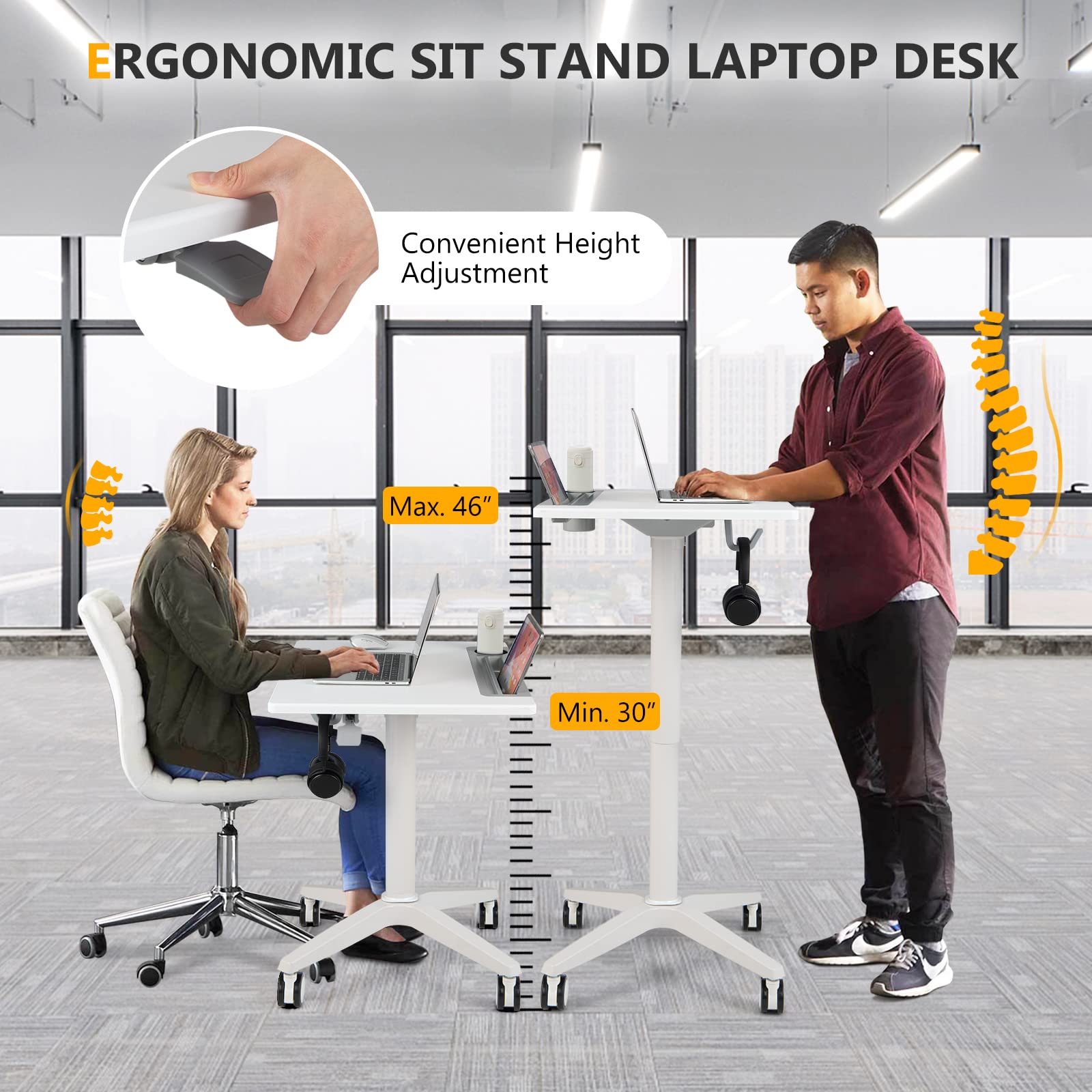 Tangkula Mobile Standing Laptop Desk, 30β-46β Height Adjustable Ergonomic Rolling Lectern Podium, Sit Stand Desk with Tablet Holder, Cup Holder & Hanging Hook for Home Office, Classroom