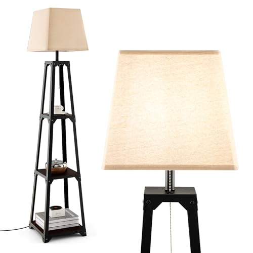 Tangkula Shelf Floor Lamp, Modern Wood Square Standing Lamp with 3 Tiers Shelves and Linen Shade, Stable Trapezoidal Design, E26 Lamp Base, 62" Tall Metal Frame Shelf Lamp for Living Study Bedroom