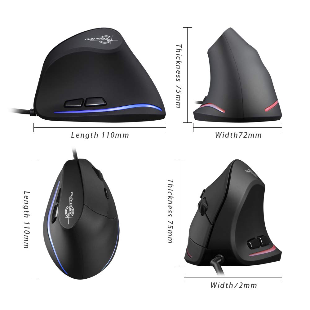 Zelotes 3200DPI Vertical Mouse,4 Adjustable DPI Values Ergonomic Mouse,LED Optical USB Wired Mouse Mice,6 Buttons for Laptop, Computer, PC,MacBook,Black