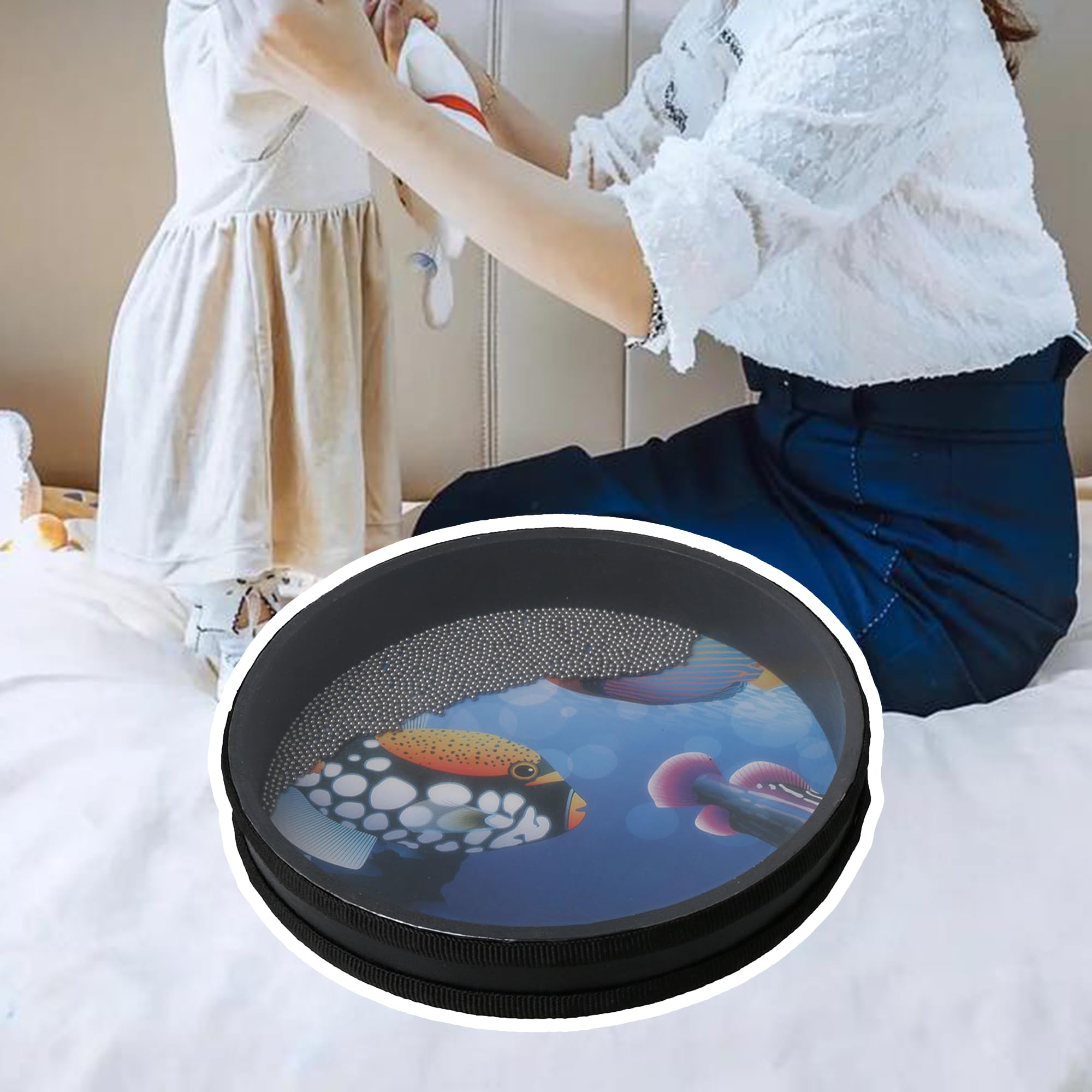 Yibuy Sound Drum Percussion Wave Bead Ocean Hand Drum with Hardwood Sea Drum Musical Instrument Percussion 253mm/9.96inch (Diameter) for Party