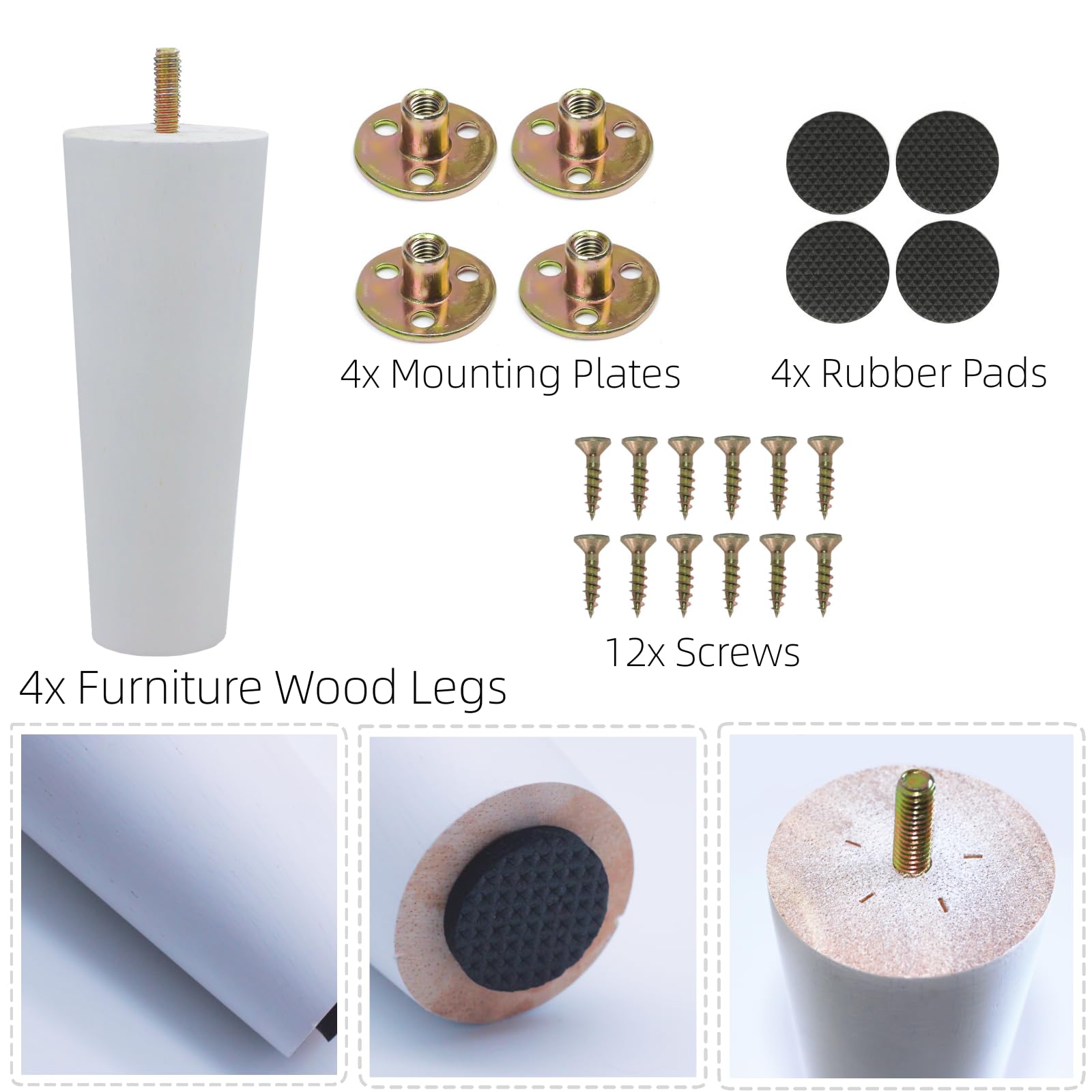 WEICHUAN White Round Solid Wood Replacement Sofa Couch Chair Ottoman Loveseat Coffee Table Cabinet Furniture Wood Legs(6" Set of 4)