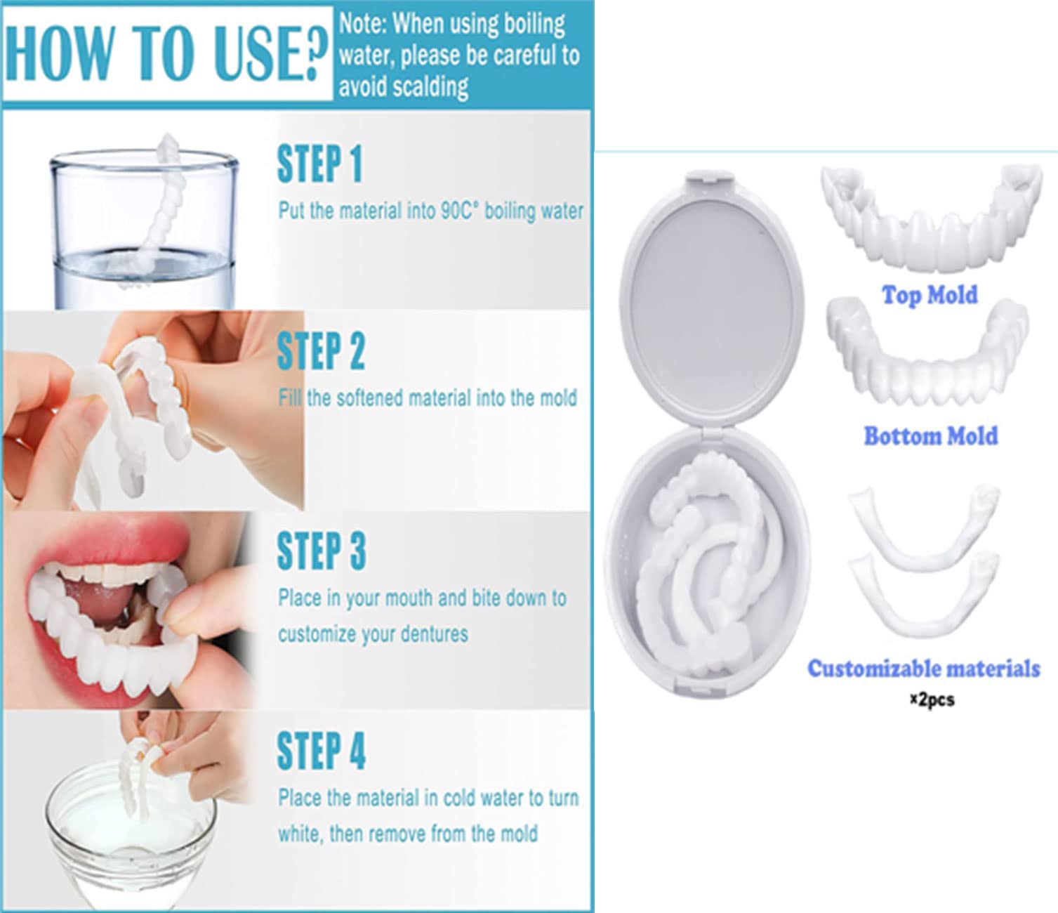 The Latest Denture Veneer is Used for Temporary Tooth Restoration, which is Comfortable and Simple. Four Universal Cosmetic dentures for Men and Women