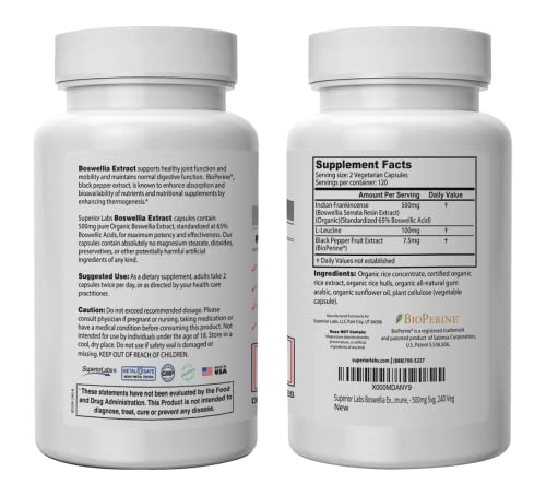 Superior Labs Boswellia Extract - Pure Non GMO Boswellic 65% Acids. Superior Absorption Zero Synthetic Additives - Powerful Formula Joint, Knees, Hips, Immune, 500mg SVG, 240 Veg Capsules