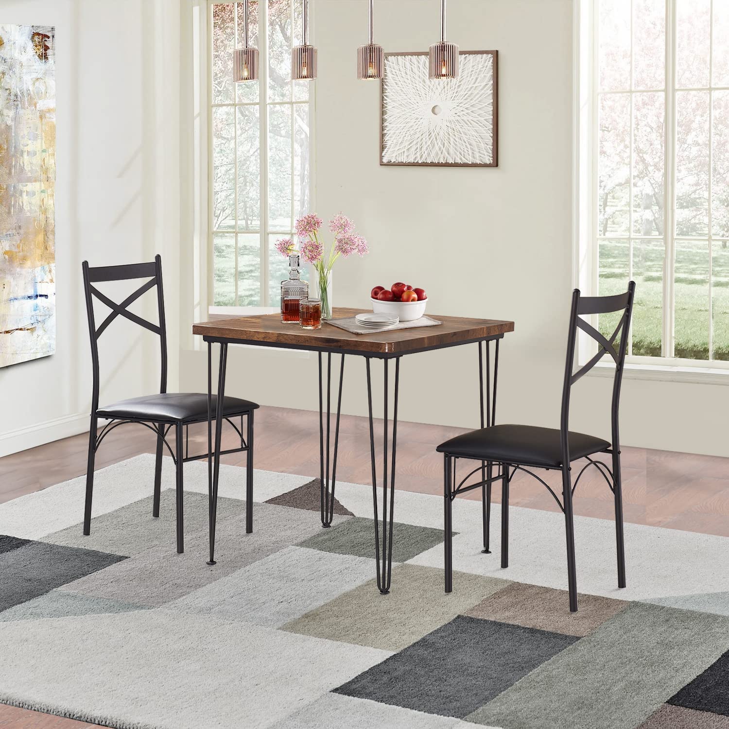 VECELO 3 Piece Kitchen Room Table and Chairs Dinette Breakfast Nook, Farmhouse, Small Space, Modern Industrial Style, Brown, Dining Set for 2, Rustic BRN