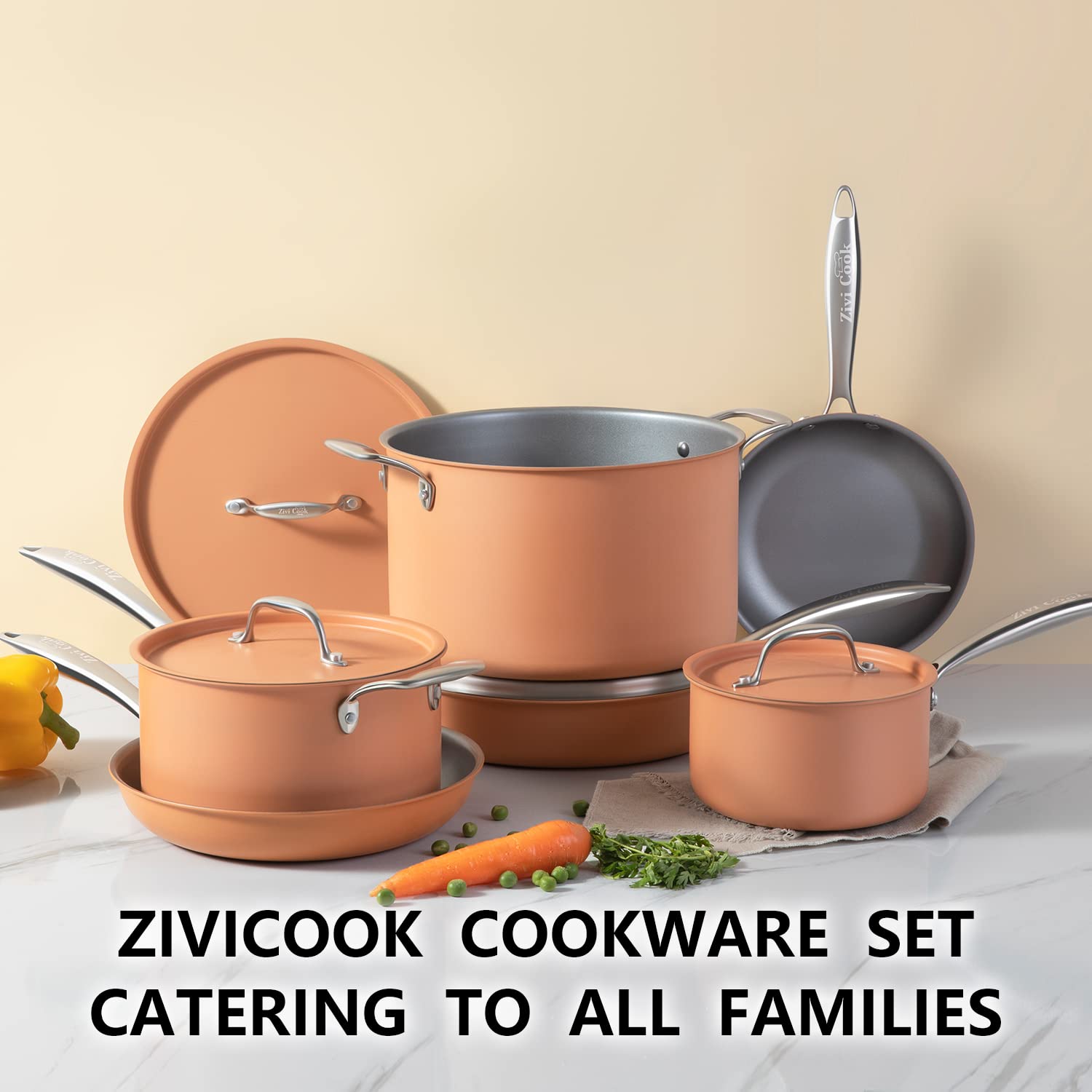 Zivicook Healthy Coating Nonstick 10 Piece Tri-ply Stainless Steel Cookware Pots and Pans Set, Stay-Cool Handle, PFOA-Free, Dishwasher Safe, Oven Safe(Peach)