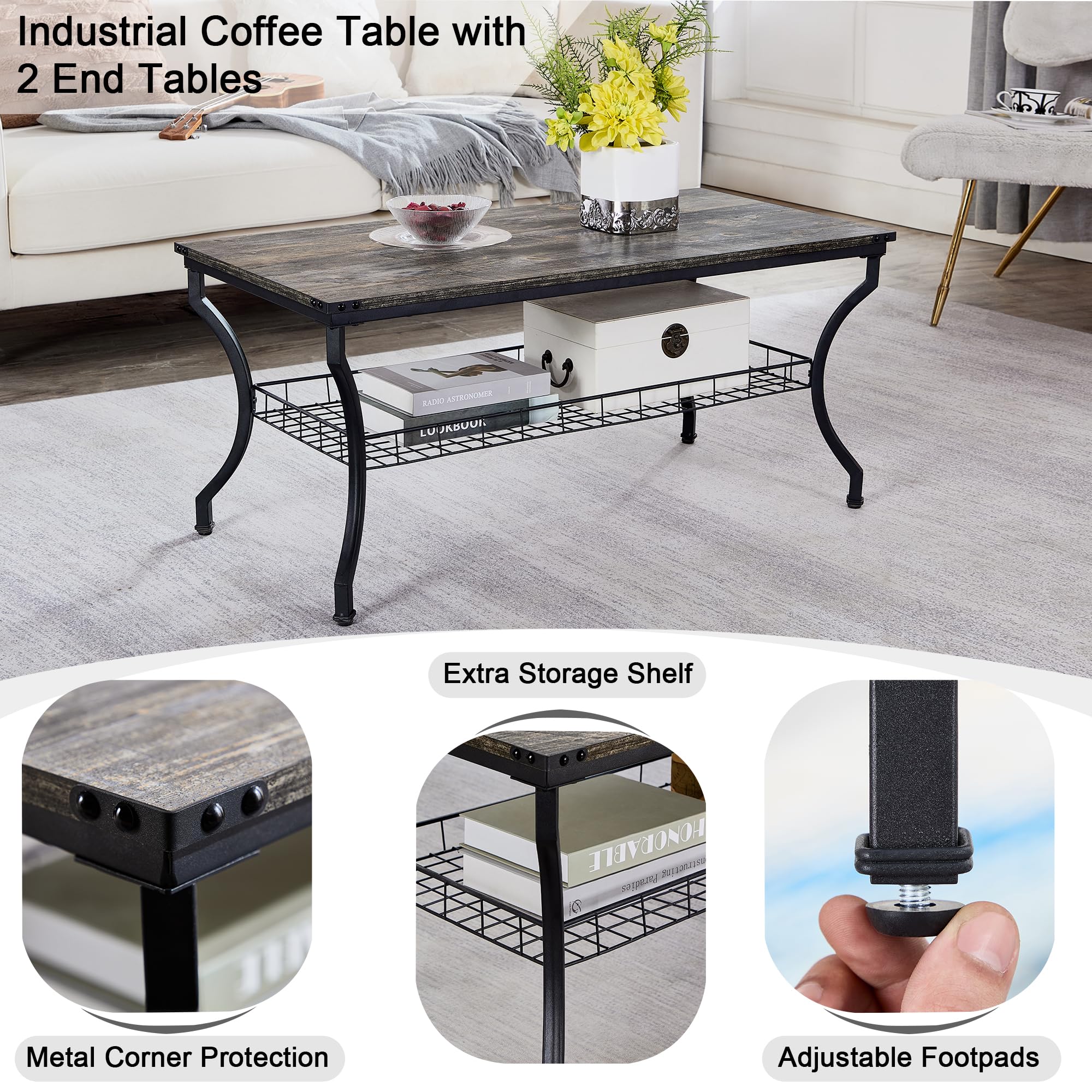 VECELO 3 Pieces Living Room Sets Coffee and End Tables with Open Storage Shelves for Apartment, Home Office, Small Space, Easy Assembly, 39.4 Inches, Brown