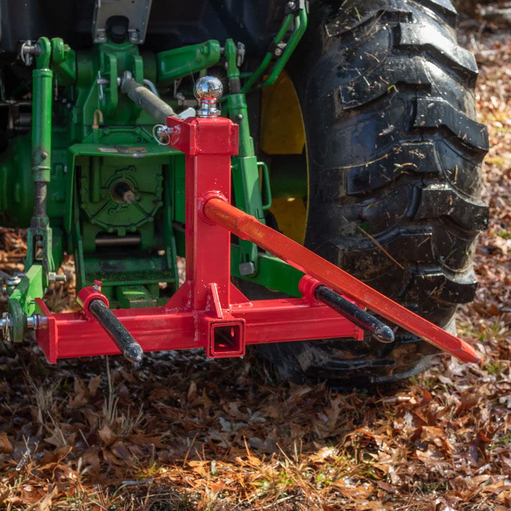 Titan Attachments 3 Point Gooseneck Tractor Trailer Hitch with 49" Hay Bale Spear and Stabilizer Spears, Fits Category 1 Tractors, Red Finish, 2" Receiver Hitch, 2" Gooseneck Ball