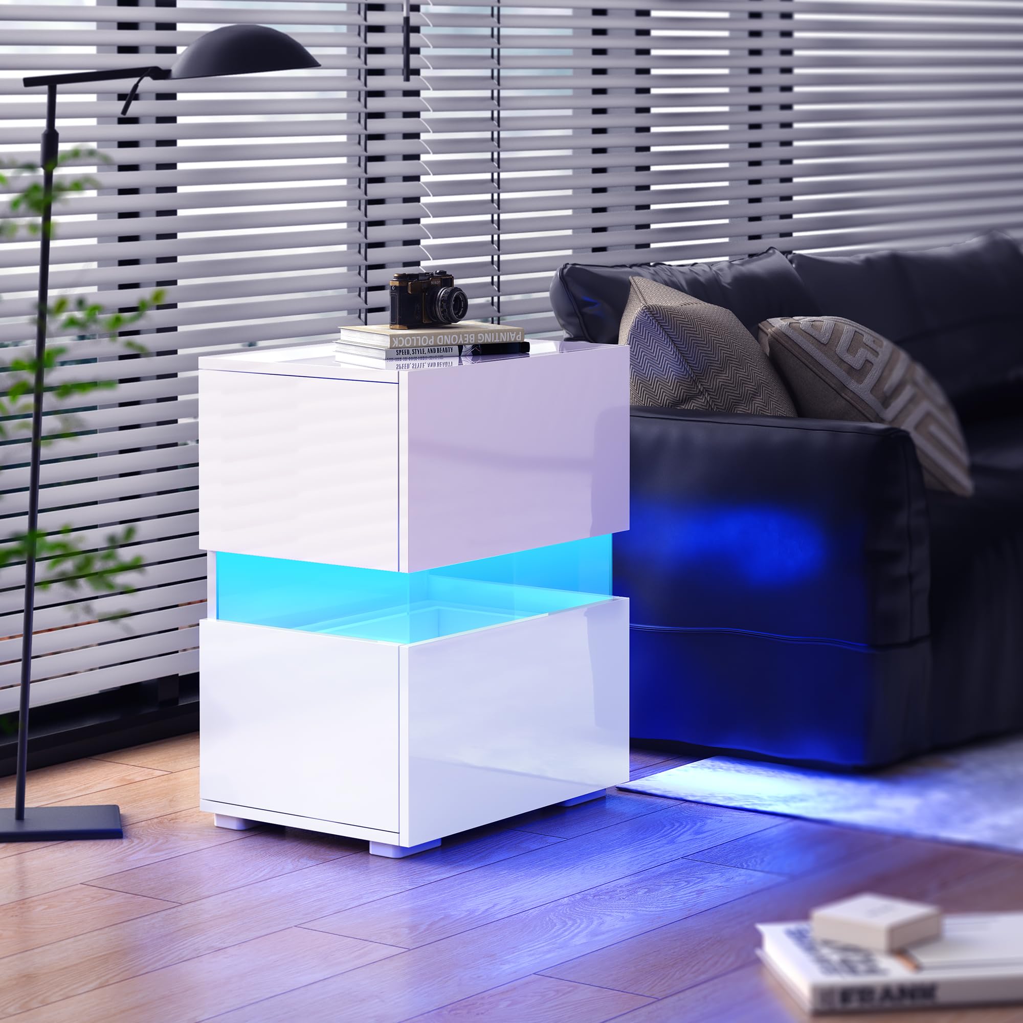 SUPERJARE LED Nightstands Set of 2, Bedside Tables with LED Lights, Night Stands with High Gloss Drawers, Remote, End Tables Side Tables, for Bedroom - White