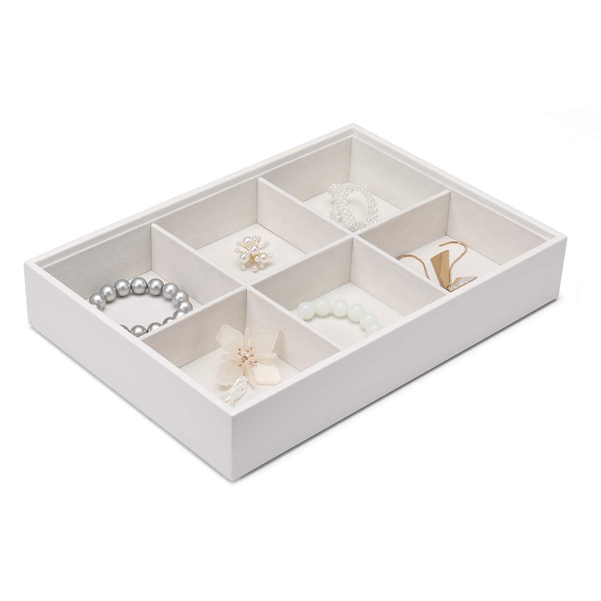 Vlando Jewelry Tray - Faux Leather Glass-top Jewelry Storage Organizer - Earring Necklace Bracelet Ring Display Desktop Drawer Chest, 4-Layer w/Clear Lid, White