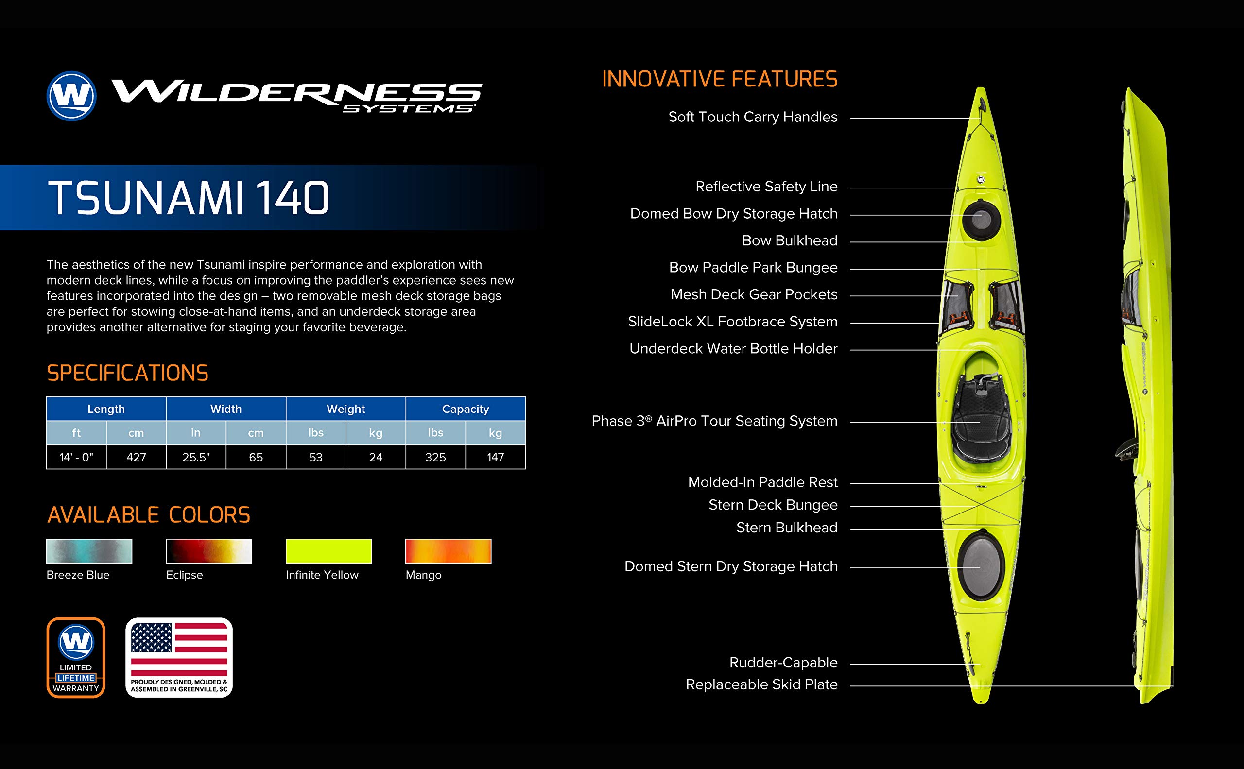 Wilderness Systems Tsunami 140 | Sit Inside Touring Kayak | Kayak with Rudder | 14' | Mango