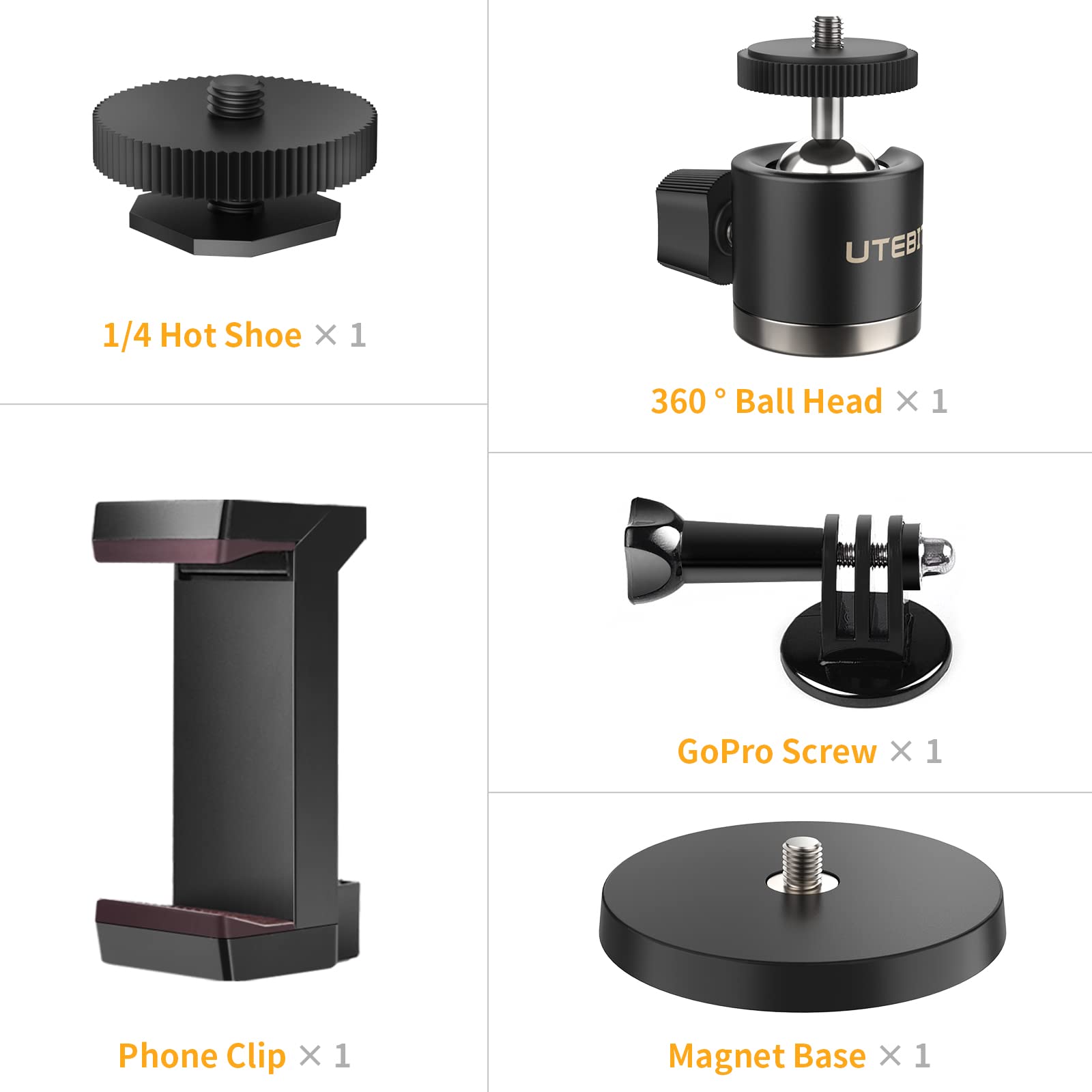 UTEBIT Magnetic Camera Mount Base Stand Kit 66mm, Magnet Tripod with 1/4 Screw Mini Ball Head, GoPro Adapter, Phone Holder for Insta360 Action Camera, Cellphone, Vlogging Max Load 44lb