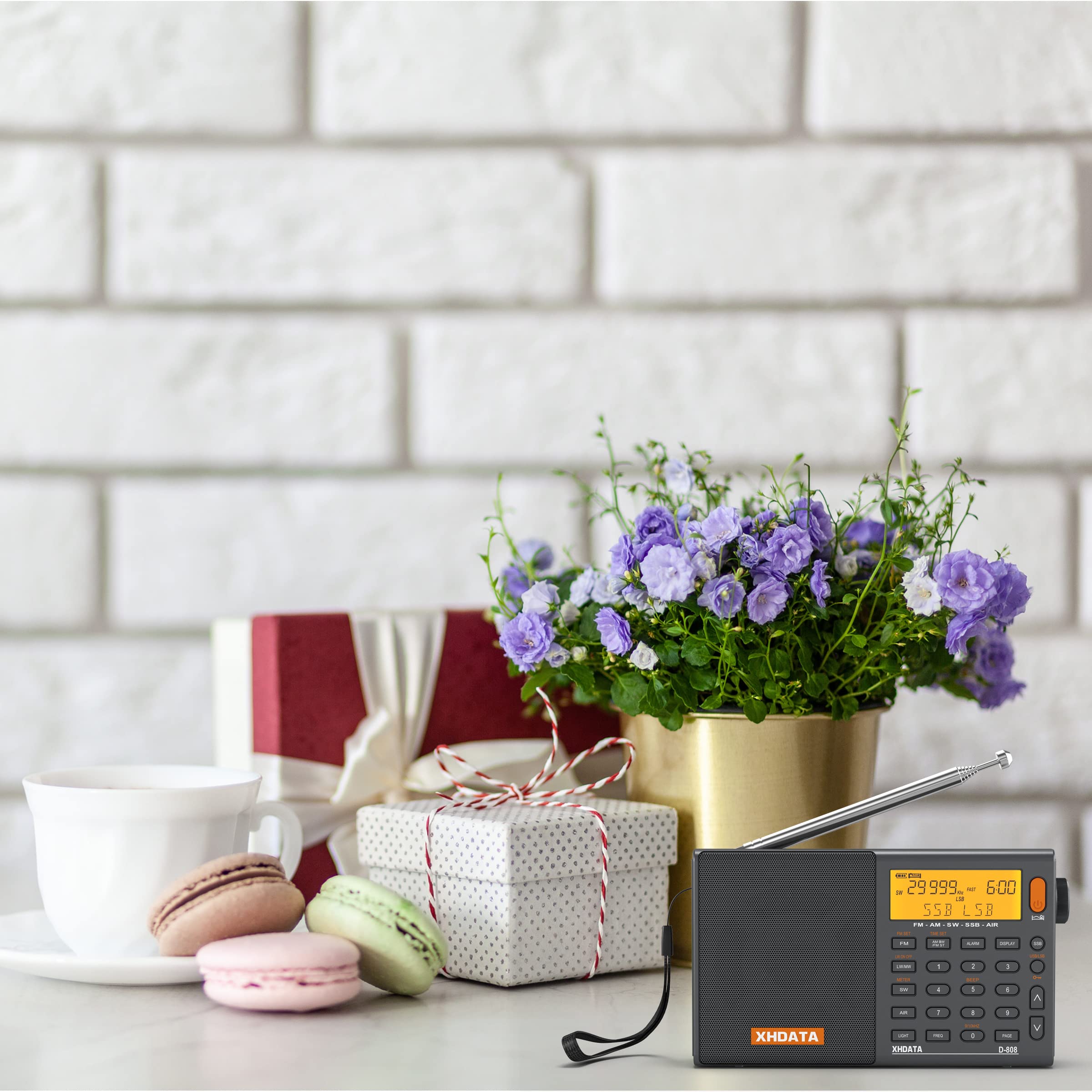 XHDATA D808 Portable AM FM SW LW Air Band Radio SSB RDS Multi Band Radio Speaker with LCD Display Alarm Clock External Antenna Grey