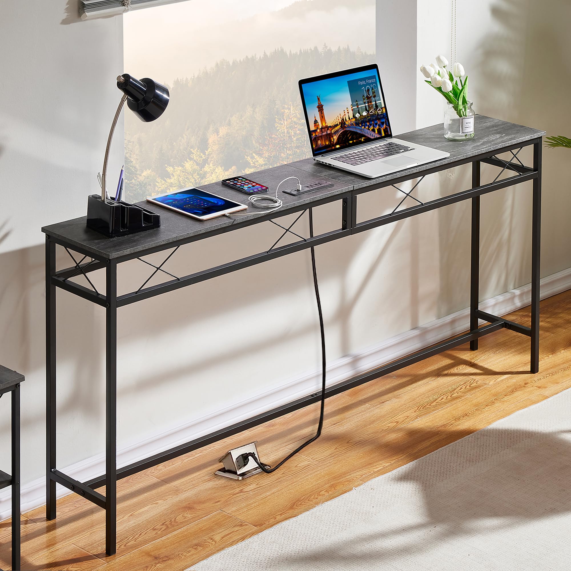 VECELO 55In Extra Long Narrow Sofa/Console Table with Charging Station & Power Outlet and USB Ports, for Entryway, Living Room, Office, Industrial, Dark Grey