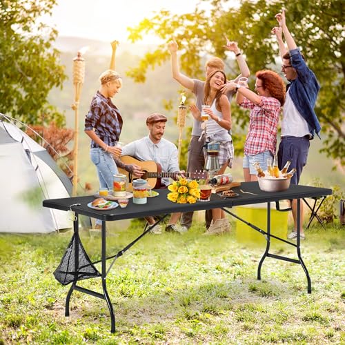 VECELO 6Ft Plastic Folding Table Heavy Duty Indoor Outdoor Portable Picnic Foldable Desk with Handle Mesh Trash Bag&Lock Legs for Camping, Dining&Party,Black