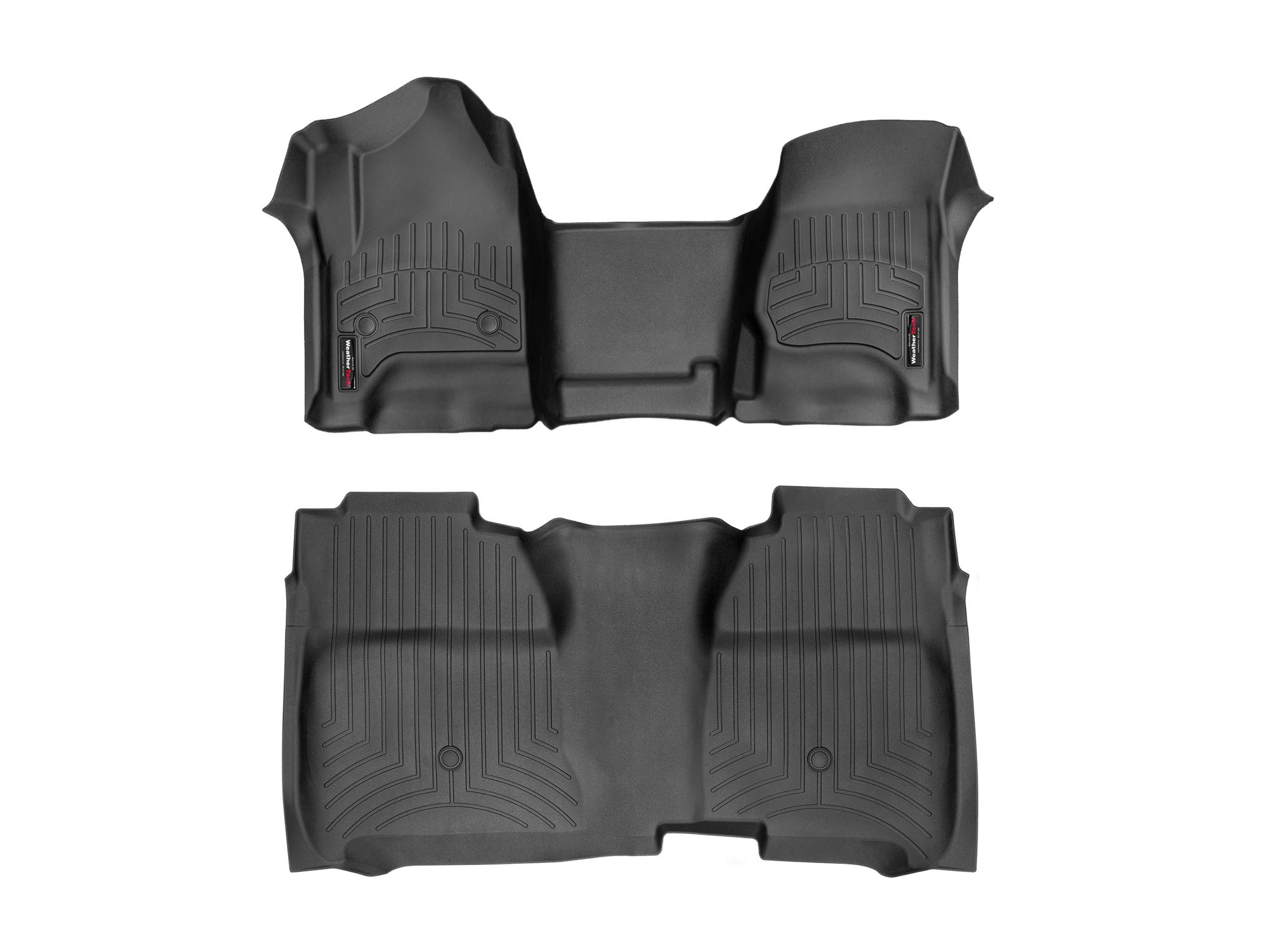 WeatherTech Custom Fit FloorLiners for Silverado 2500HD/3500HD, Sierra 1500, Silverado 1500, Sierra 2500HD/3500HD - 1st & 2nd Row (Over-The-Hump w/full coverage row) (445431-445422), Black
