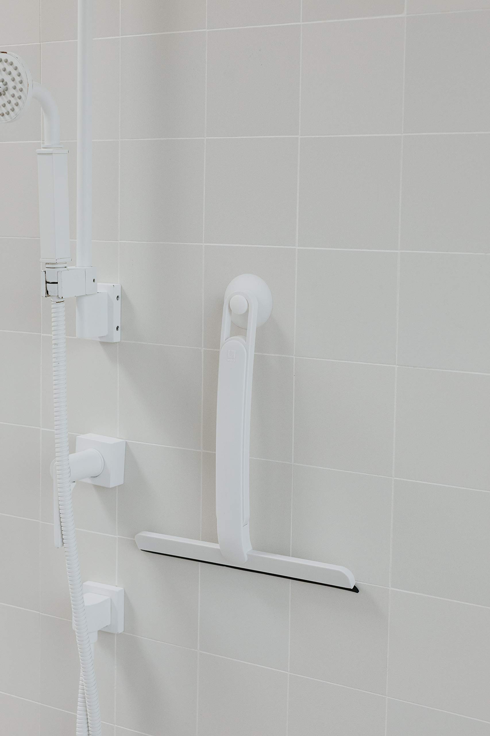 Umbra 1005121-660 Flex Squeegee, White Rust-Proof Squeegee with Extending, Extra Long Handle and Suction Cup, Store in Shower, Keep Tiles and Shower Walls Dry and Clean, White,10¼ x 11½ x 1 ½ inches