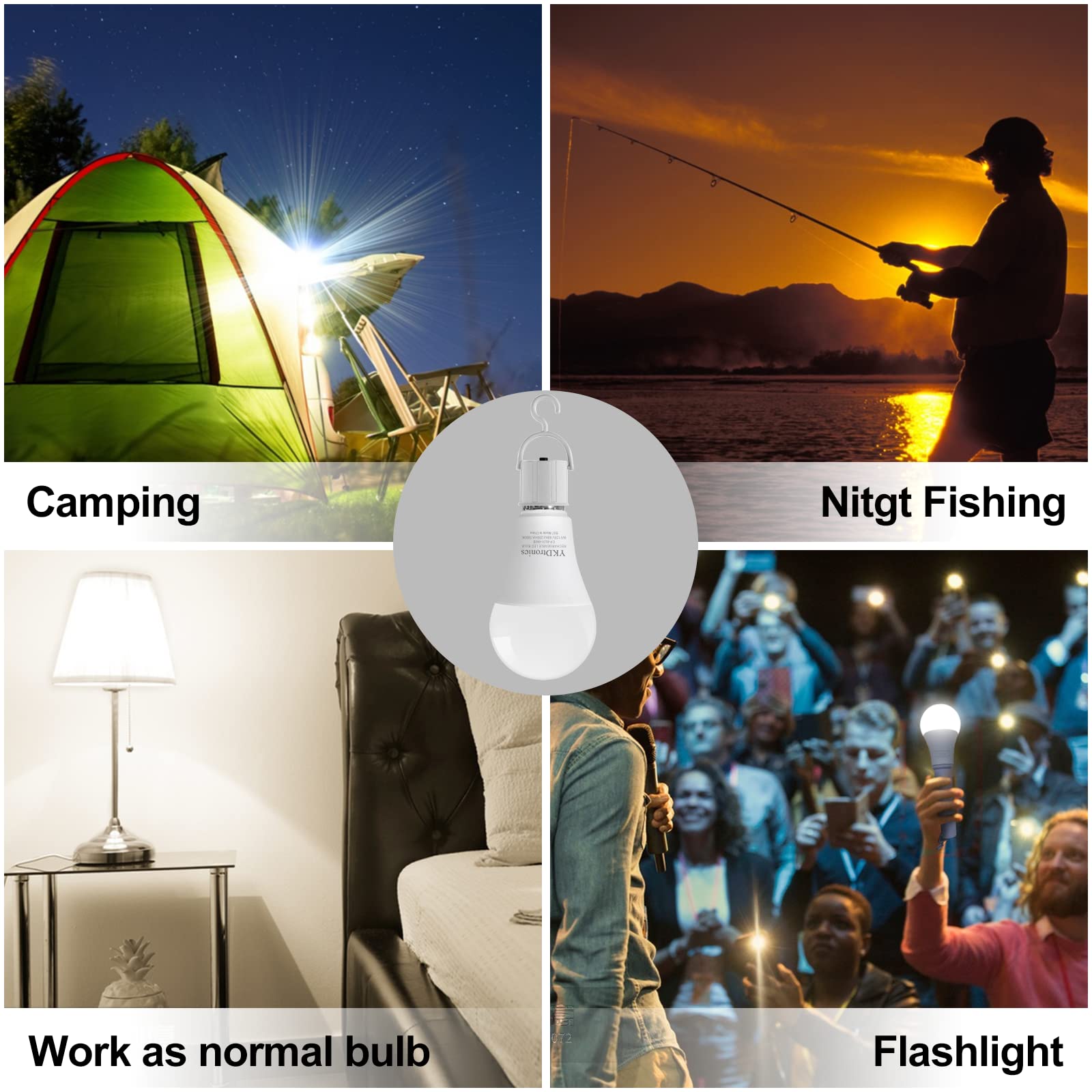 YKDtronics Rechargeable Light Bulbs, Multi-Function Battery Operated Light Bulb for Emergency Power Outage, Camping, 2000mAh Battery Backup 500LM 5W 40W Equivalent 3000K Soft White E26/E27 120V 2Pack