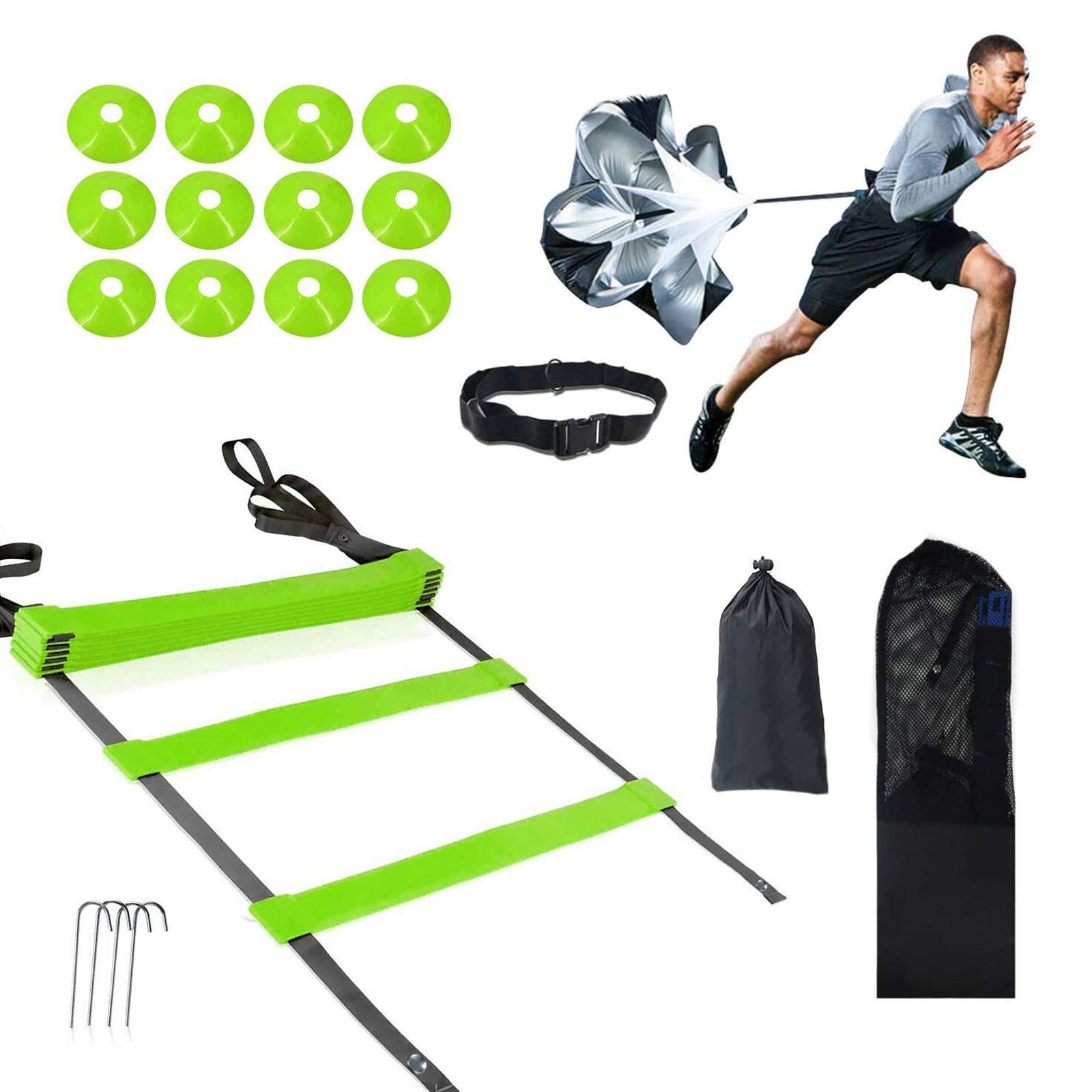 VIVITORY Speed Agility Training Set - Adjustable Rung Speed Ladder with 12 Disc Cones for Football, Workout, Footwork Training - Includes Resistance Parachute, 4 Metal Stakes(Green)
