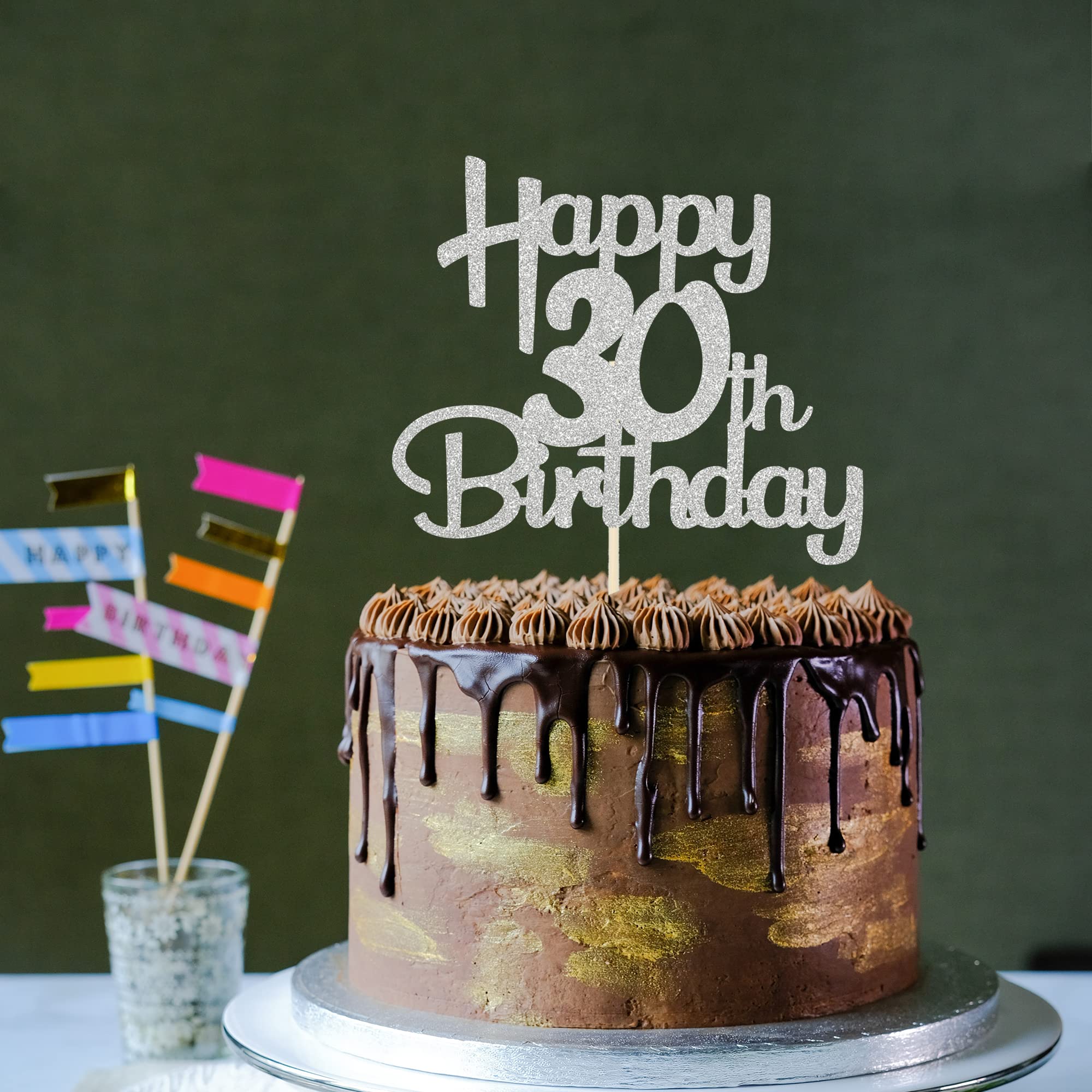 Sotpot Happy 30th Birthday Cake Topper Silver Glitter 30th Cake Toppers 30 Birthday Cake Decorations Cheers to 30 Fabulous Party Cake Picks - 1 Pack