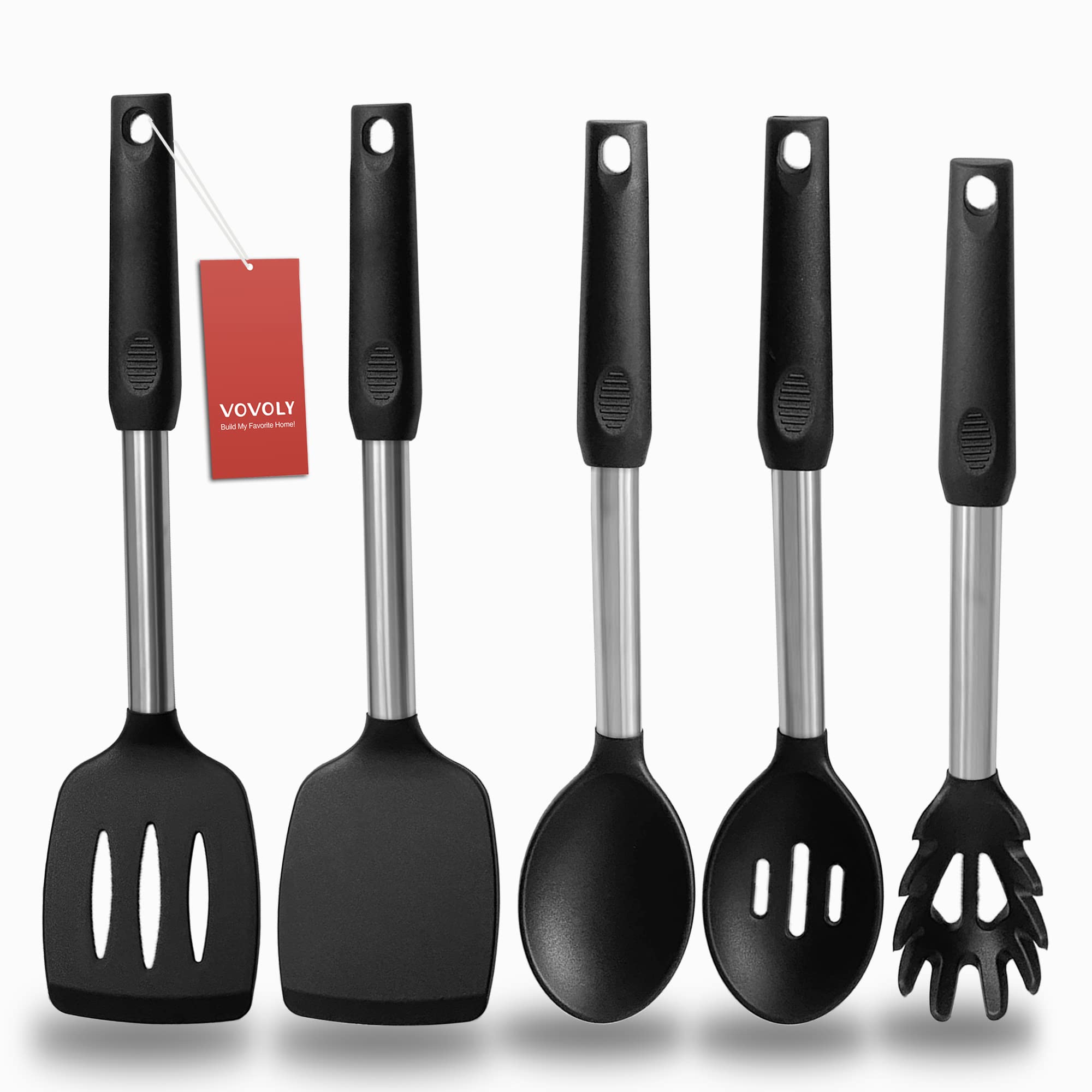 Silicone Spatula and Cooking Spoon,5 Pack Non-Stick Cooking Utensils for Kitchen,Heat Resistant Solid & Slotted Spoons and Spatulas, Stainless Steel Handle Coated with Silicone,Black