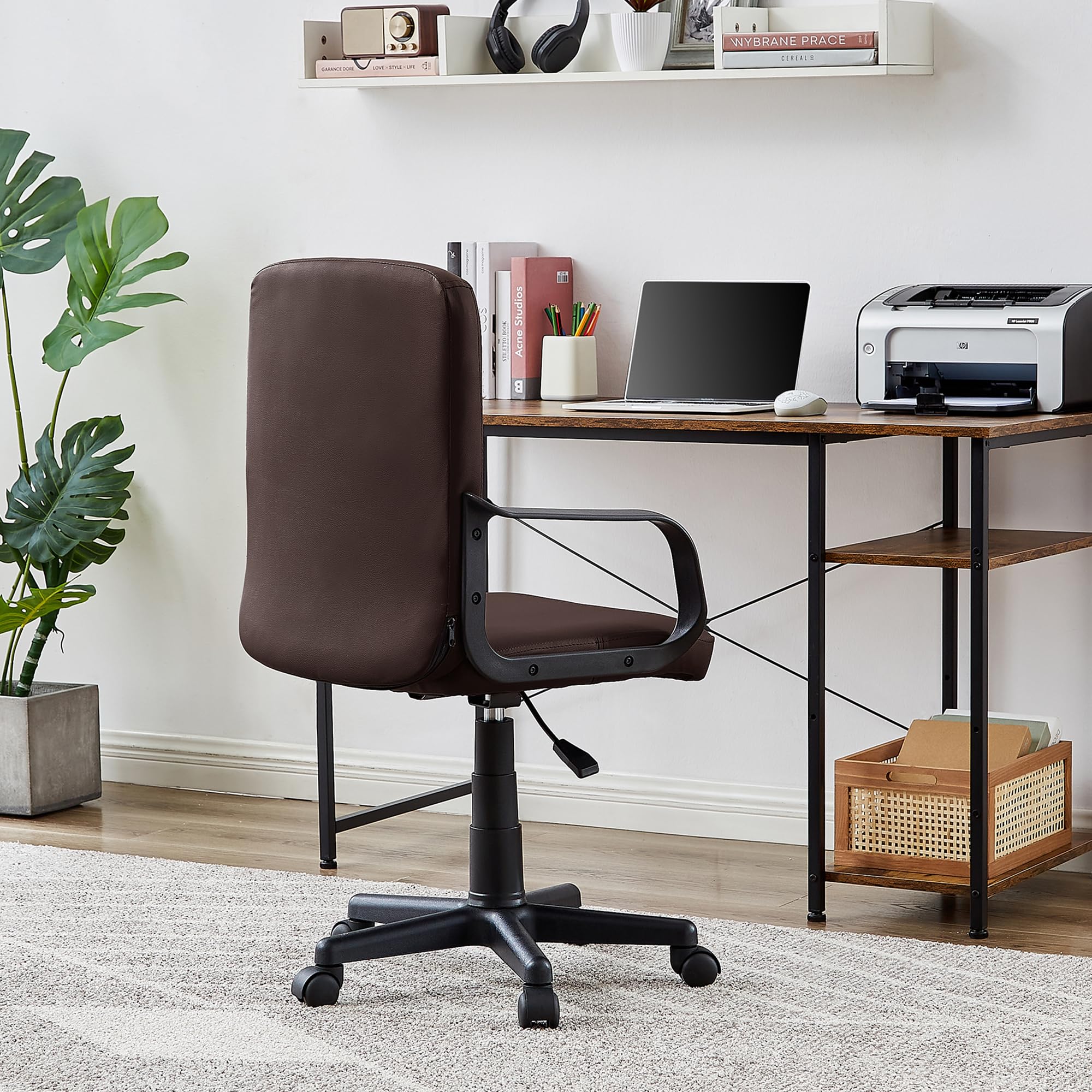VECELO Home Office Desk Chair with Armrests,Mid Back Adjustable Height, 360-Degree Swivel, 330 Pound Capacity, Coffee, Set of 1