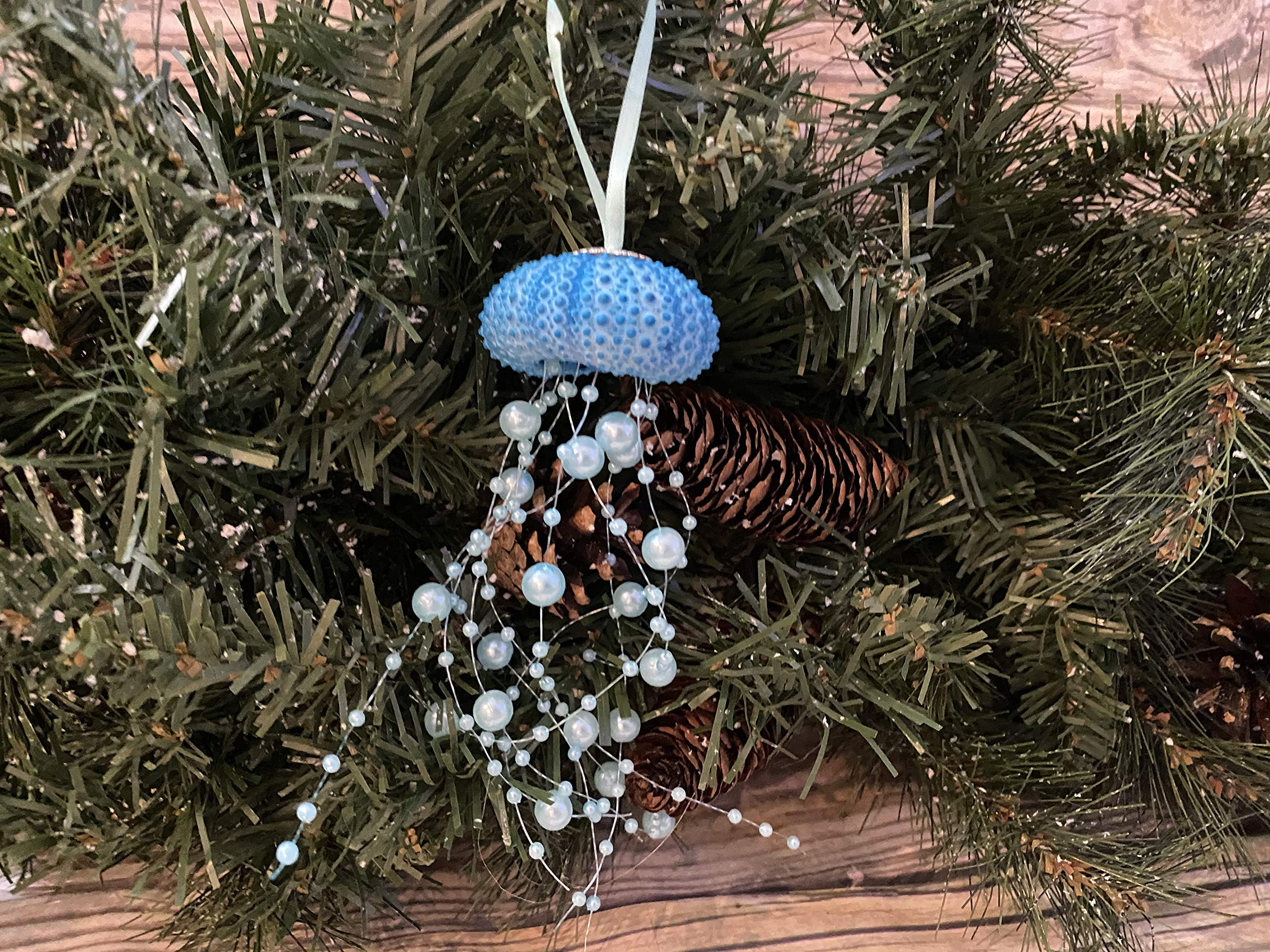 Tropical Blue Turquoise Sea Urchin Jellyfish Christmas Ornament, Beach Theme Holiday Decorations