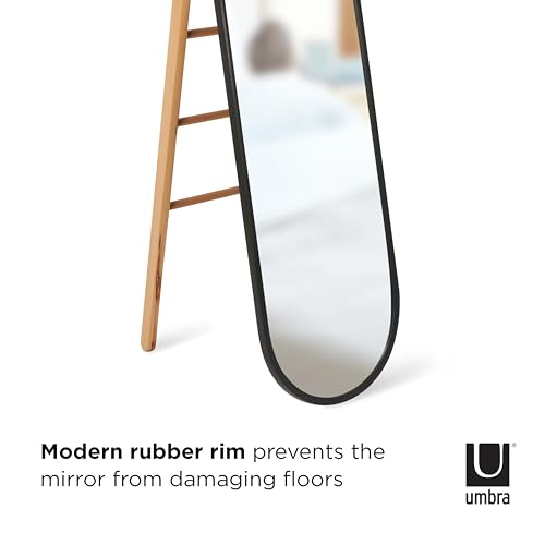 Umbra Hub Floor Length Mirror with Storage Rack, Modern Black Rubber Rim and Solid Wood Storage Ladder, Black/Natural Finish