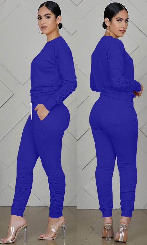 WUSENST Womens 2 Piece Solid Color Tracksuit Long Sleeve O-Neck Top Drawstring Sweatpant