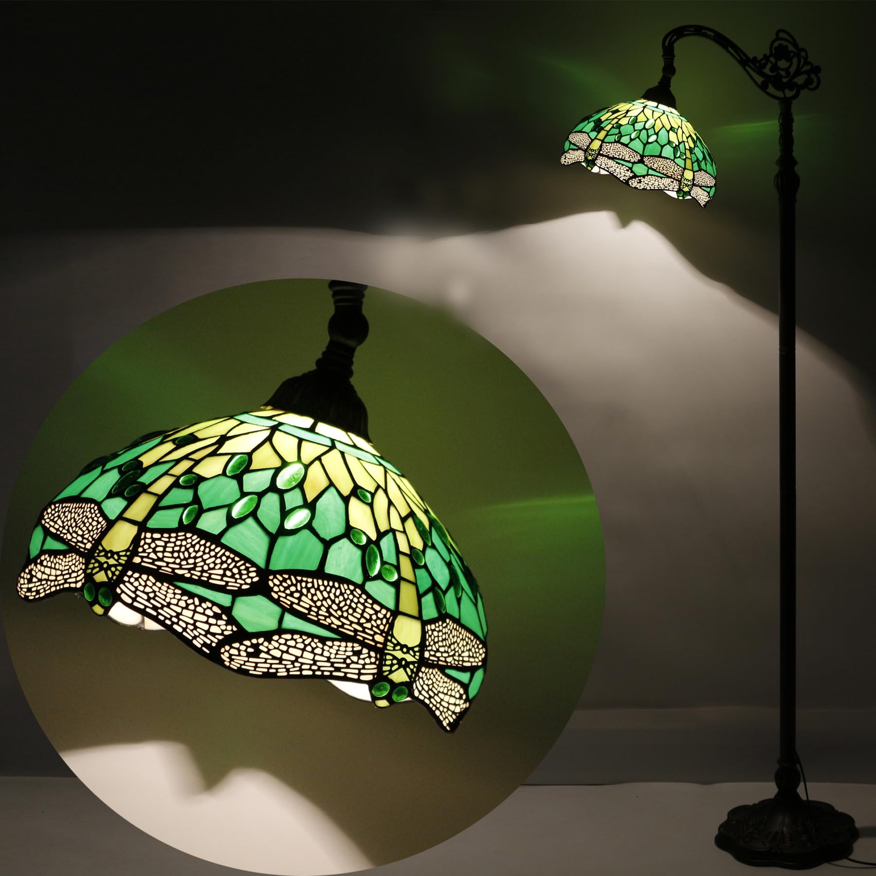 WERFACTORY Tiffany Floor Lamp Green Stained Glass Dragonfly Arched Lamp 12X18X64 Inches Gooseneck Adjustable Corner Standing Reading Light Decor Bedroom Living Room S459 Series
