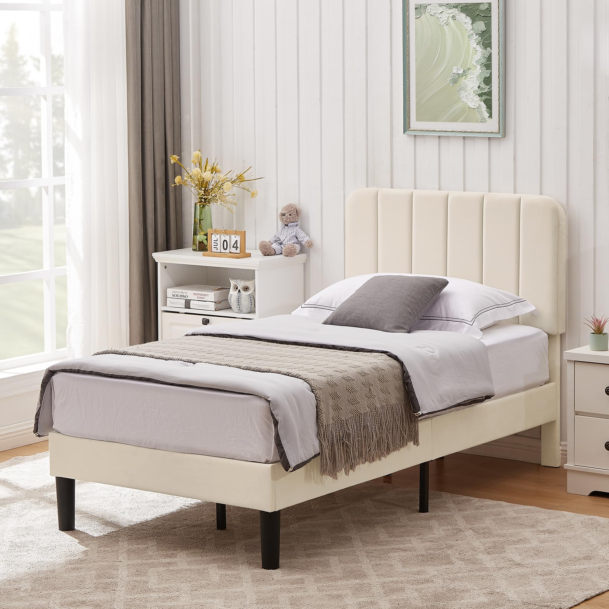 VECELO Twin Size Upholstered Bed Frame with Adjustable Headboard, Velvet Platform Bedframe Mattress Foundation, Strong Wood Slat Support, No Box Spring Needed, Beige