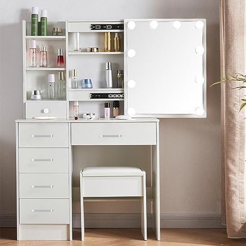 White Vanity Desk with Mirror and Lights, Makeup Vanity Desk with 5 Drawers of Storage, Bedroom Makeup Dressing Table with Stool, White (JTO-05)