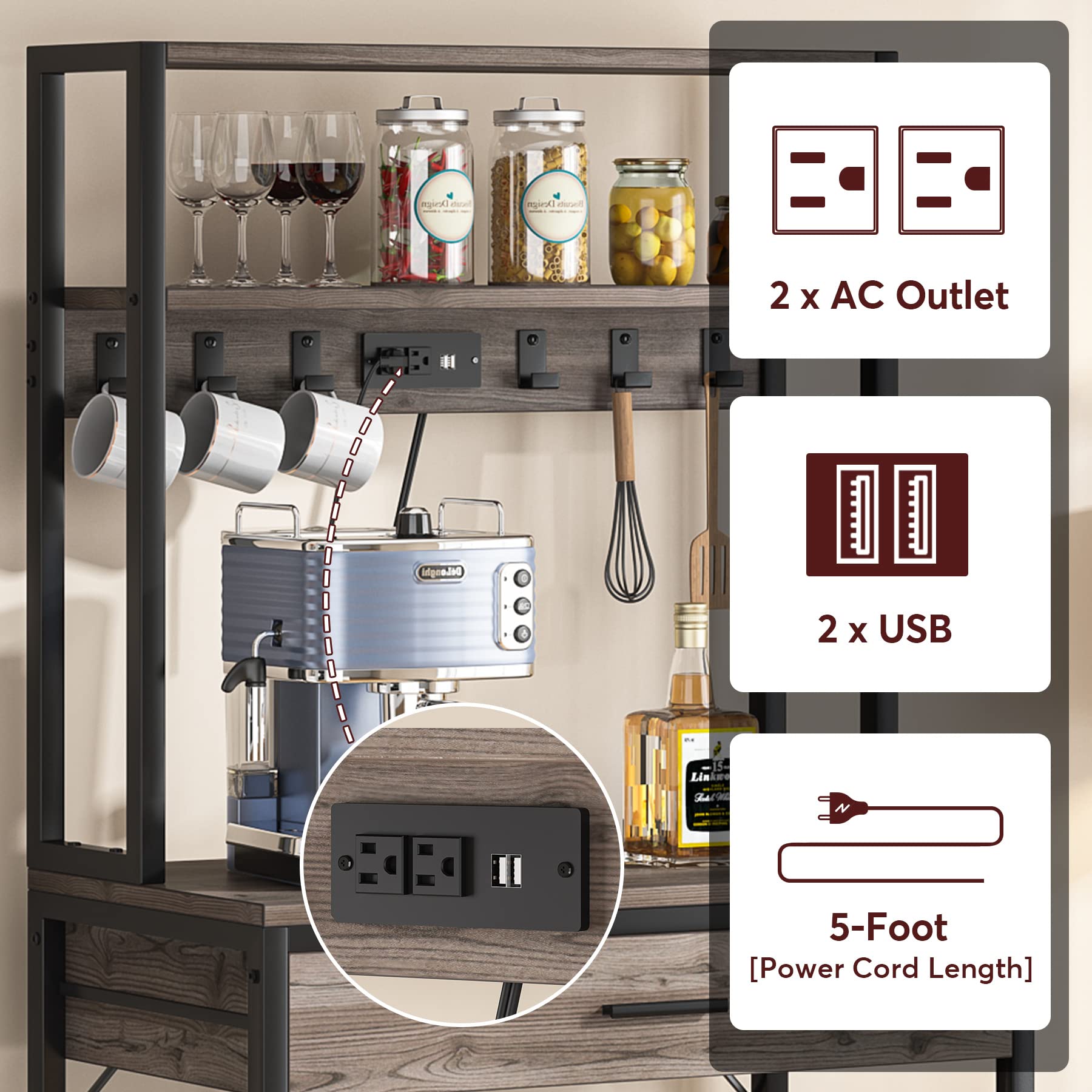 Tribesigns Kitchen Bakers Rack with Power Outlets, 5-Tier Microwave Oven Stand with Drawer and Sliding Shelves, Freestanding Coffee Bar, Kitchen Storage Shelf Organizer with 6 Hooks, Grey