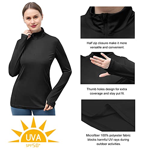 Women's Active Dry-Fit Long Sleeve UPF 50+ Sun Protection Tops Workout Outdoor UV Shirts with Thumb Holes P13 A-black