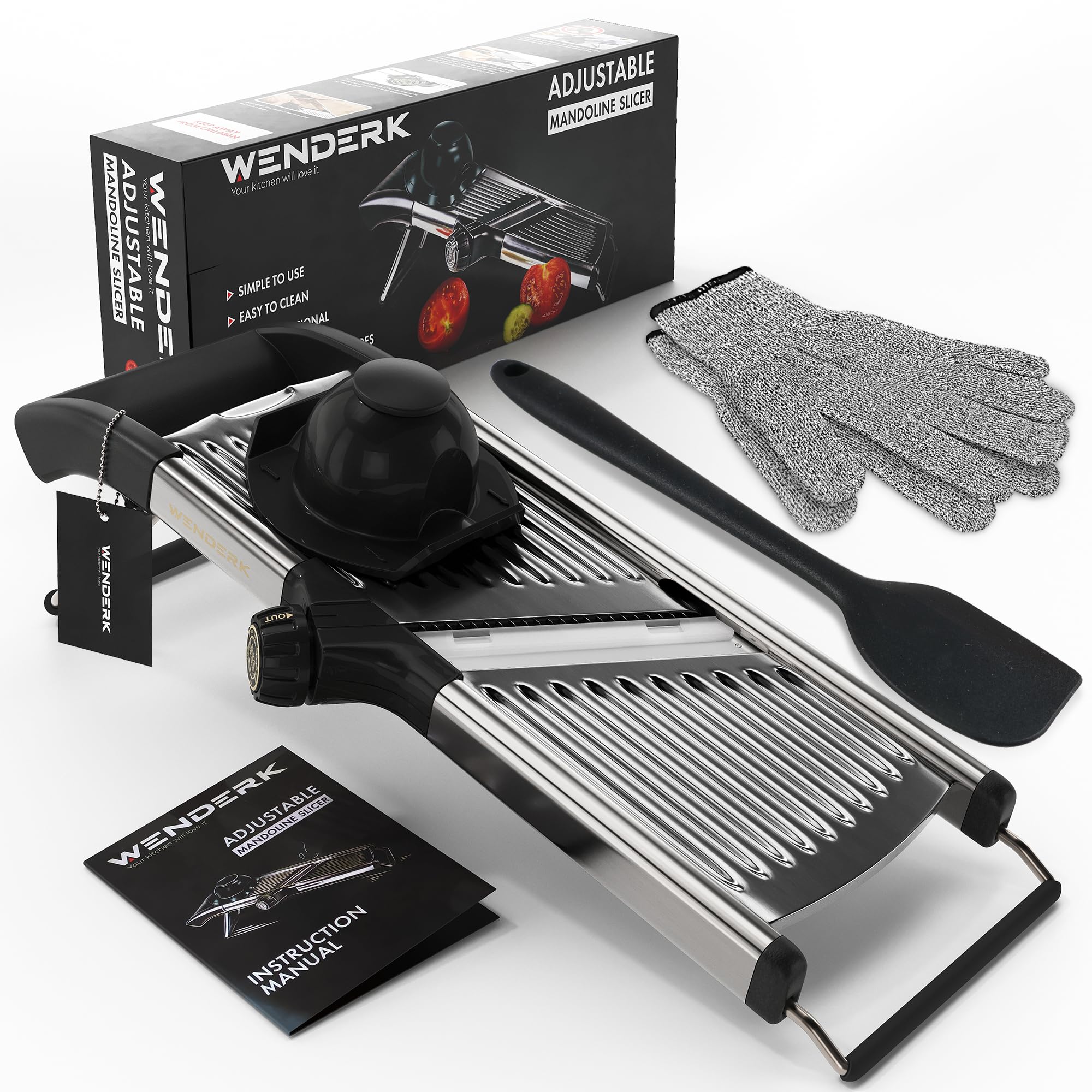WENDERK Adjustable Stainless Steel Mandoline Food Slicer with Cut Resistant Gloves [Upgraded] - Professional Handheld Kitchen Mandolin Julienne Cutter to Slice Vegetables Fruits Chips French Fry