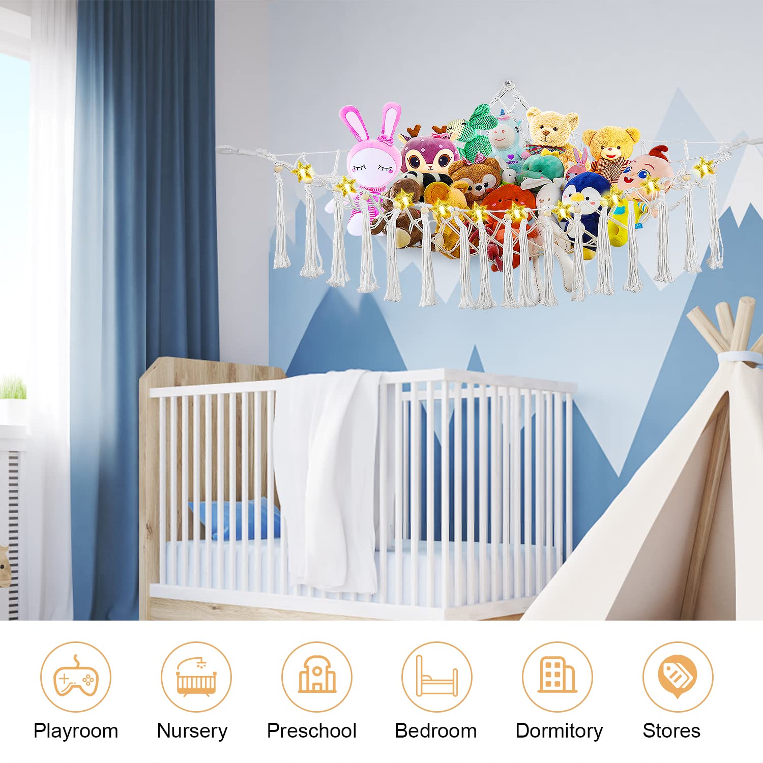 TATUFY Stuffed Animal Net or Hammock with LED Light, 55*41*41'' Plush Toys Hanging Corner Net, Handmade Boho Toys Storage Hammock Holder with Wood Beads, Tassels, Hooks (White)
