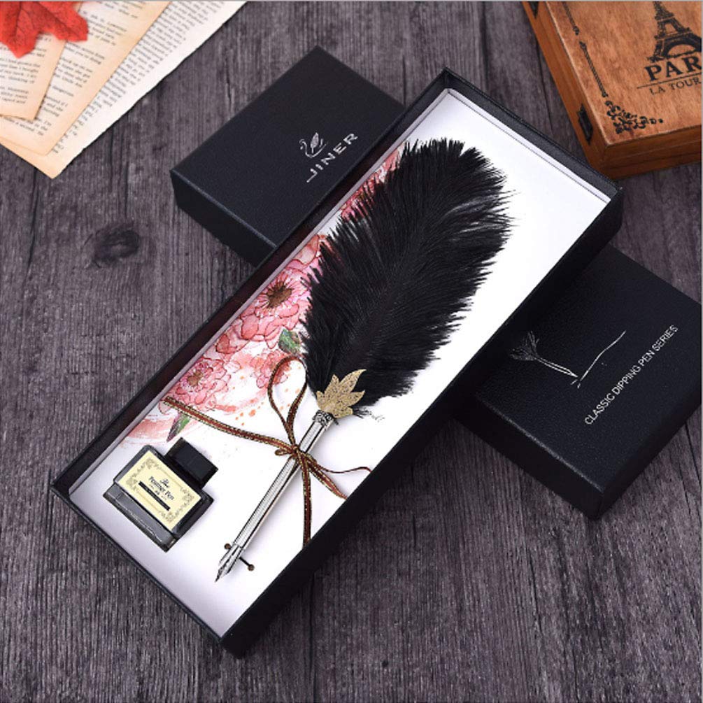 YOLAKIS Feather Quill Pen Set, Retro Dip Feather Pen Calligraphy Pen Luxury Quill Pen and Ink Set (Black)
