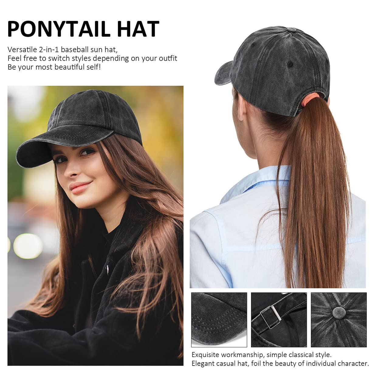 Women Ponytail Baseball Cap, Washed Cotton Hat High Messy Bun Ponycap Outdoor Sun Hat for Women