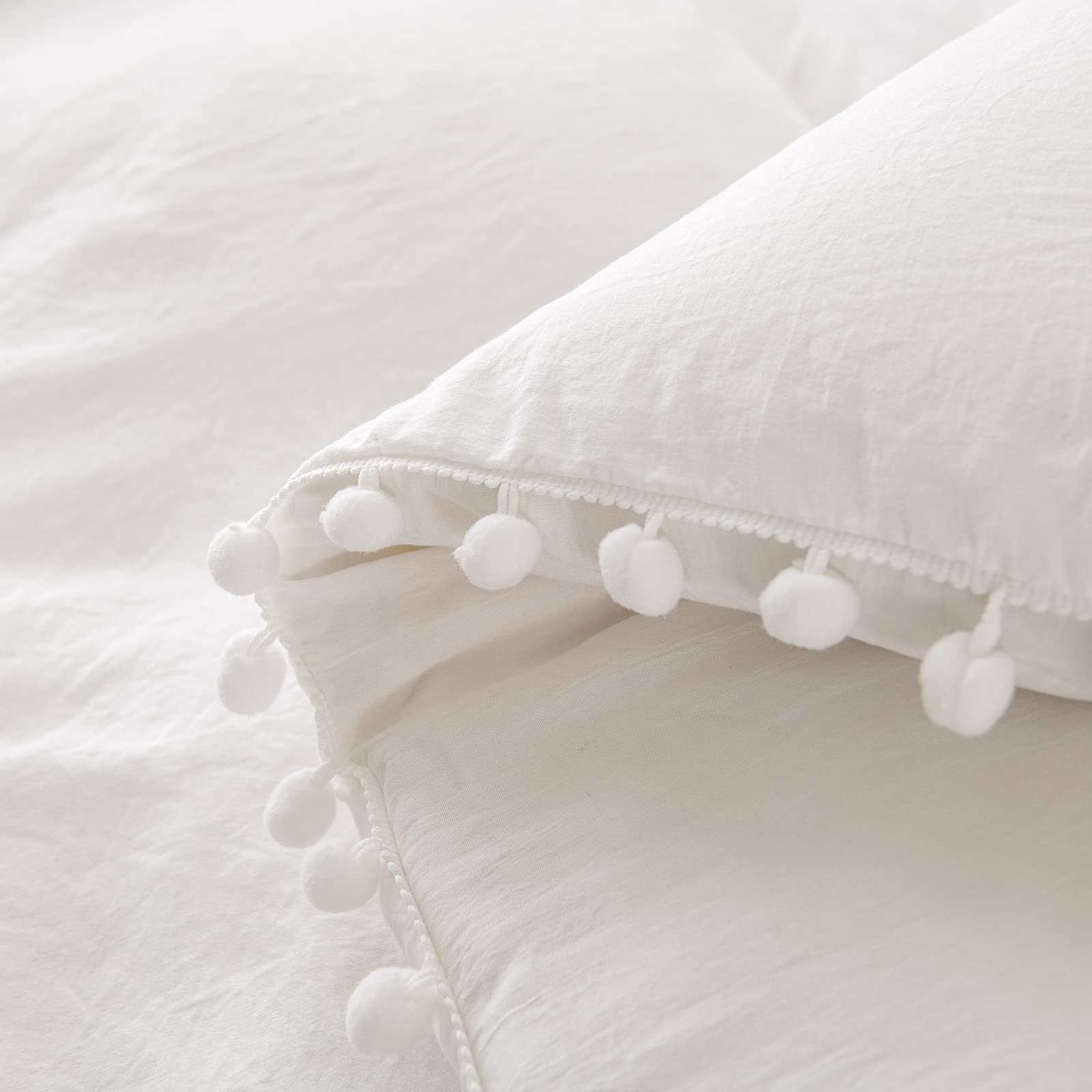 White Duvet Cover Set Boho Duvet Cover Set Queen Size Solid White Pom Pom Fringe Trim Design 3 Pcs White Comforter Cover Set (Queen, White)