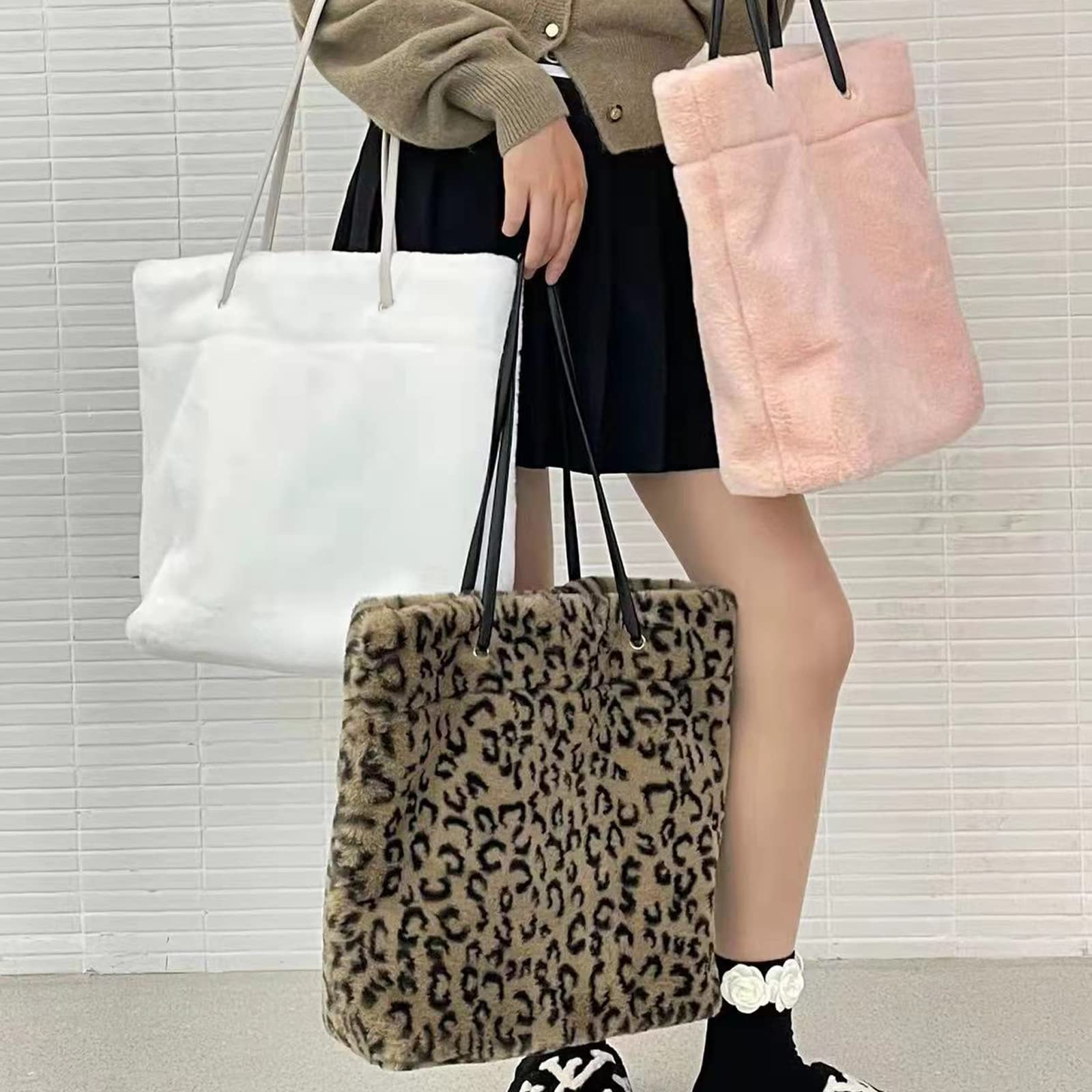 Women's soft Oversize Tote Bag fuzzy Faux Fur bag Designer Fluffy Plush handbag (LEOPARD)
