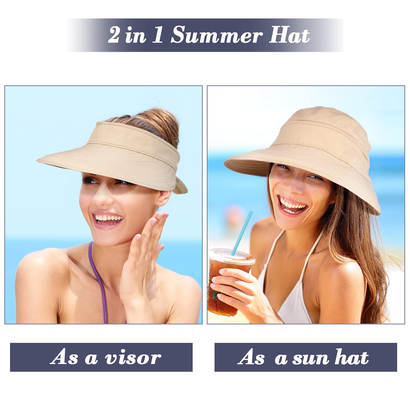 Women's Sun Hats Beach Hats with Wide Brim 2 in 1 Women UV Protection Sun Hat Packable Visor Golf Hat for Women (Beige, Navy Blue, Gray,3 Pieces)