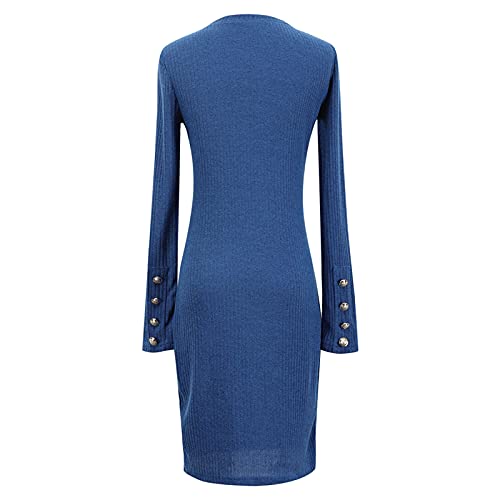 Women's Sweater Dress Side Split Button Mini Wrap Dress Solid Color Long Sleeve Ribbed Crew Neck Slim Dress