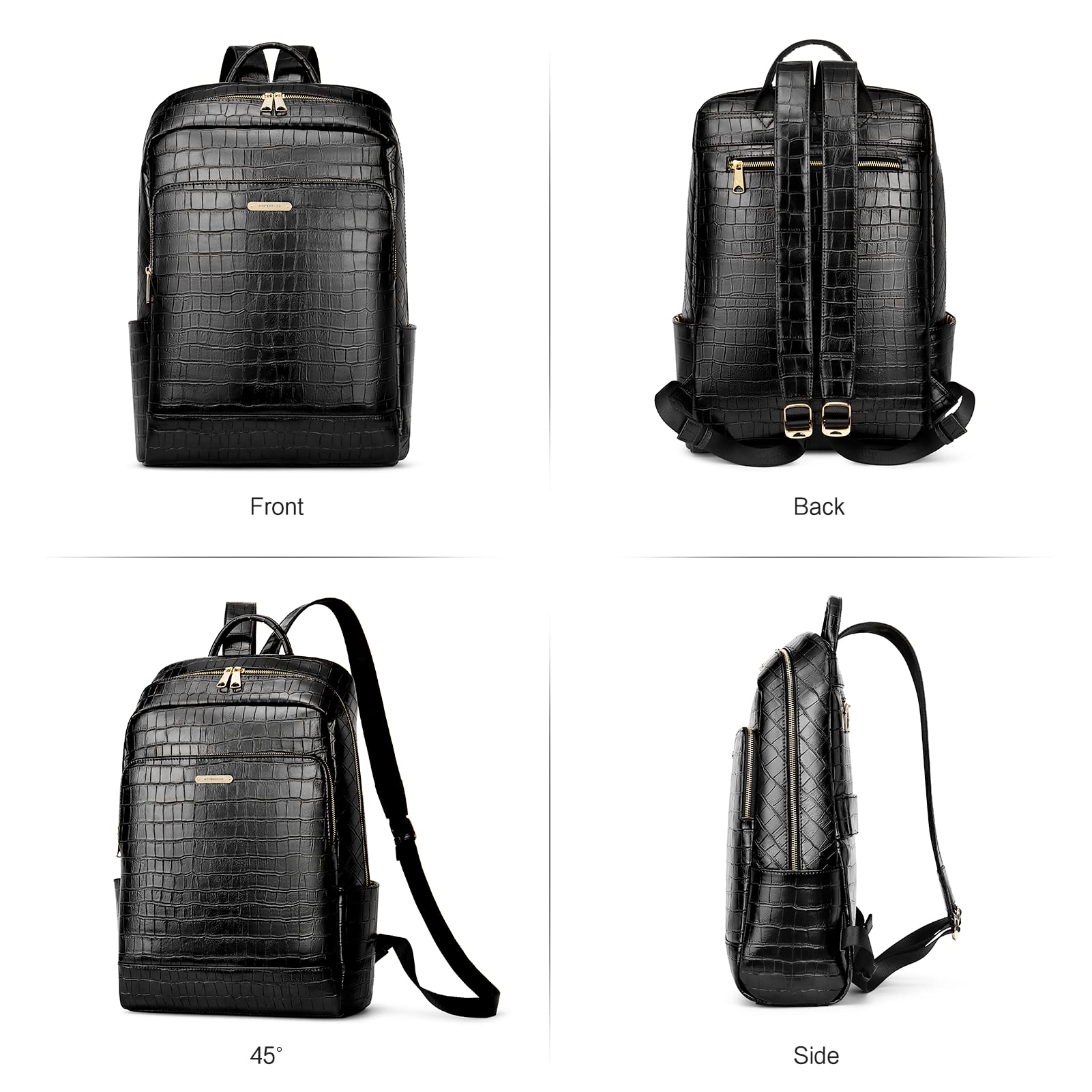 WESTBRONCO Leather Backpack Purse for Women 15.6 inch Laptop Backpack Crocodile Black