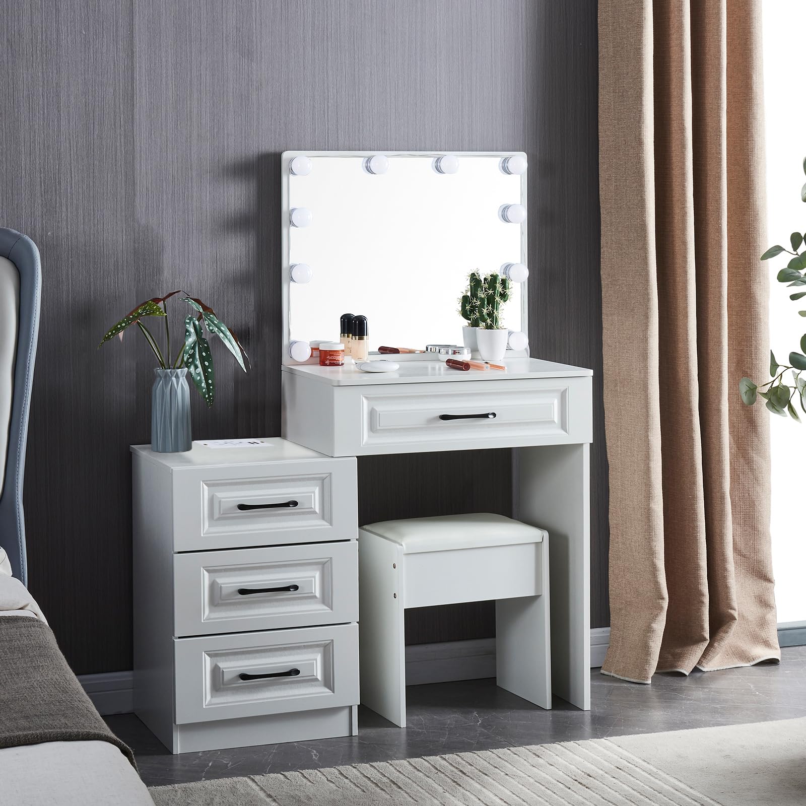 Vanity Desk with Charging Station and Lighted Mirror, White Vanity Desk Dressing Table with Storage Shelves and Drawers for Bedroom, Dressing Room