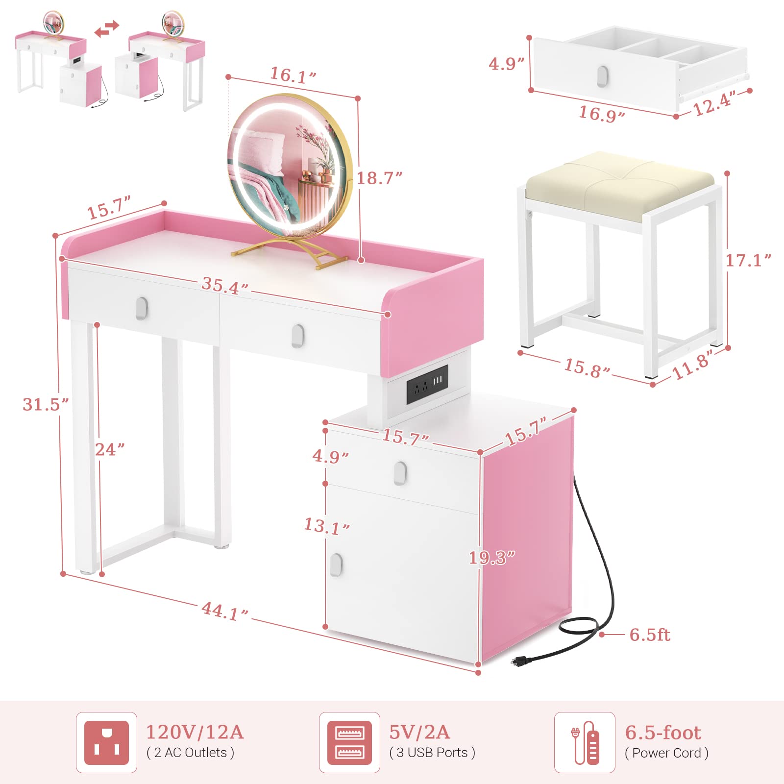 Vanity Desk with Lighted Mirror & Power Outlets, 44'' Makeup Vanity Set with Lights & 3 Drawers, Vanity Mirror with Lights Desk & Chair, Dressing Table with Reversible Cabinet & Stool, White & Pink