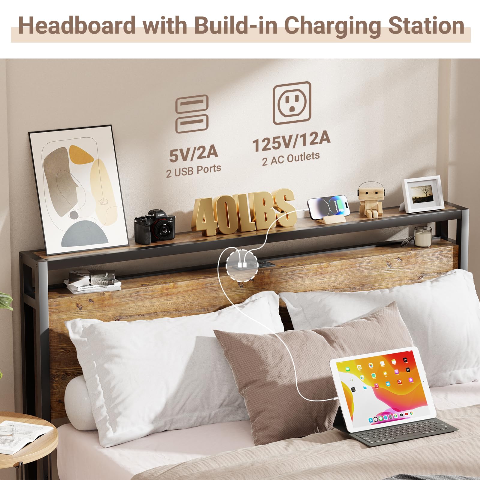 Zevemomo King Bed Frame, King Size Metal Platform Bed Frame with 2-Tier Storage Wood Headboard and Power Outlets, USB Ports Charging Station/No Box Spring Needed/Noise-Free/Easy Assembly/Brown