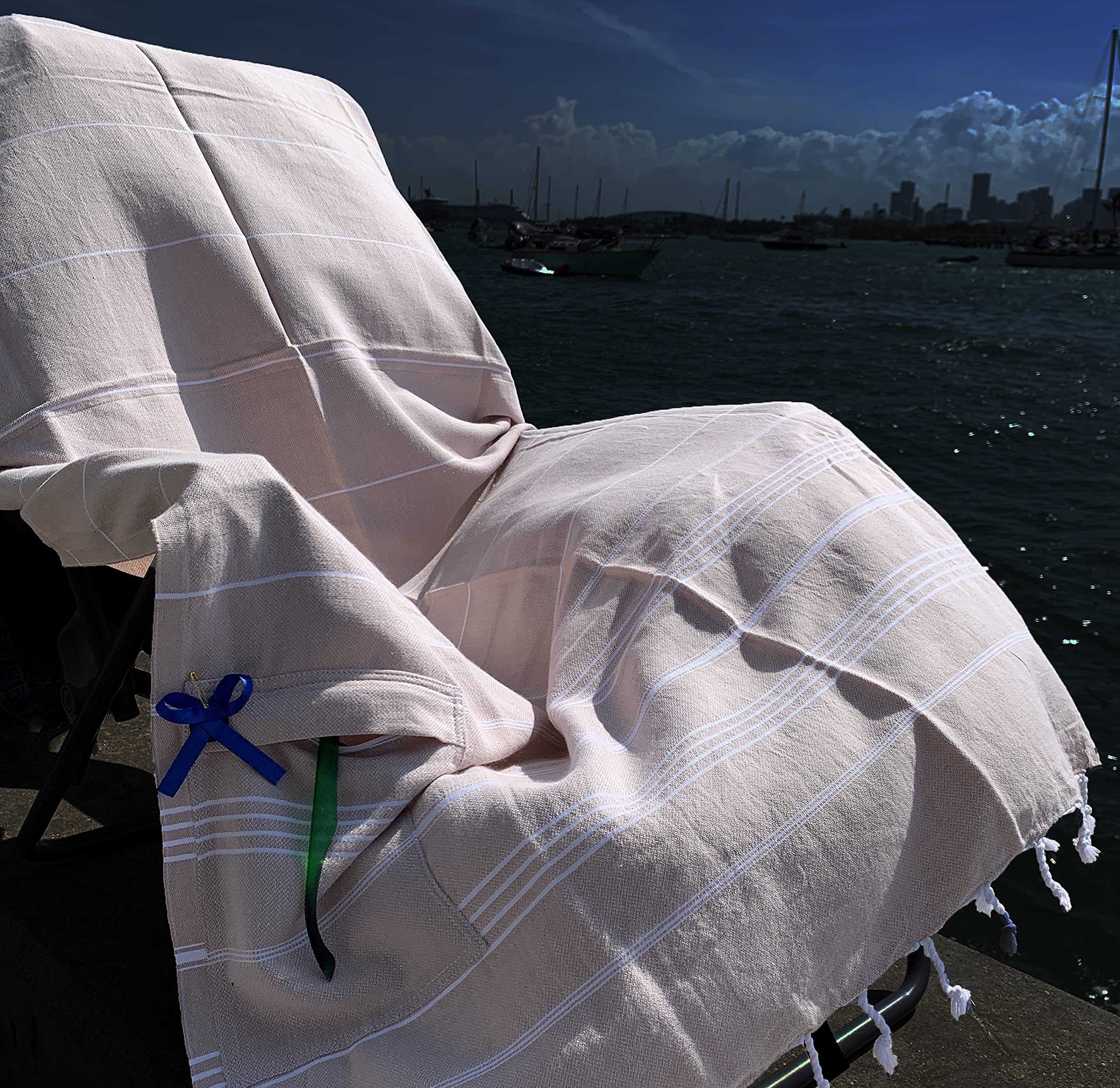 Turkish Beach Towel Oversized Sand Free Cotton Blanket with Hidden Pocket 38x75 Extra Large Packable Travel Bath Towel for Adults Gift Men Women Made in Turkey